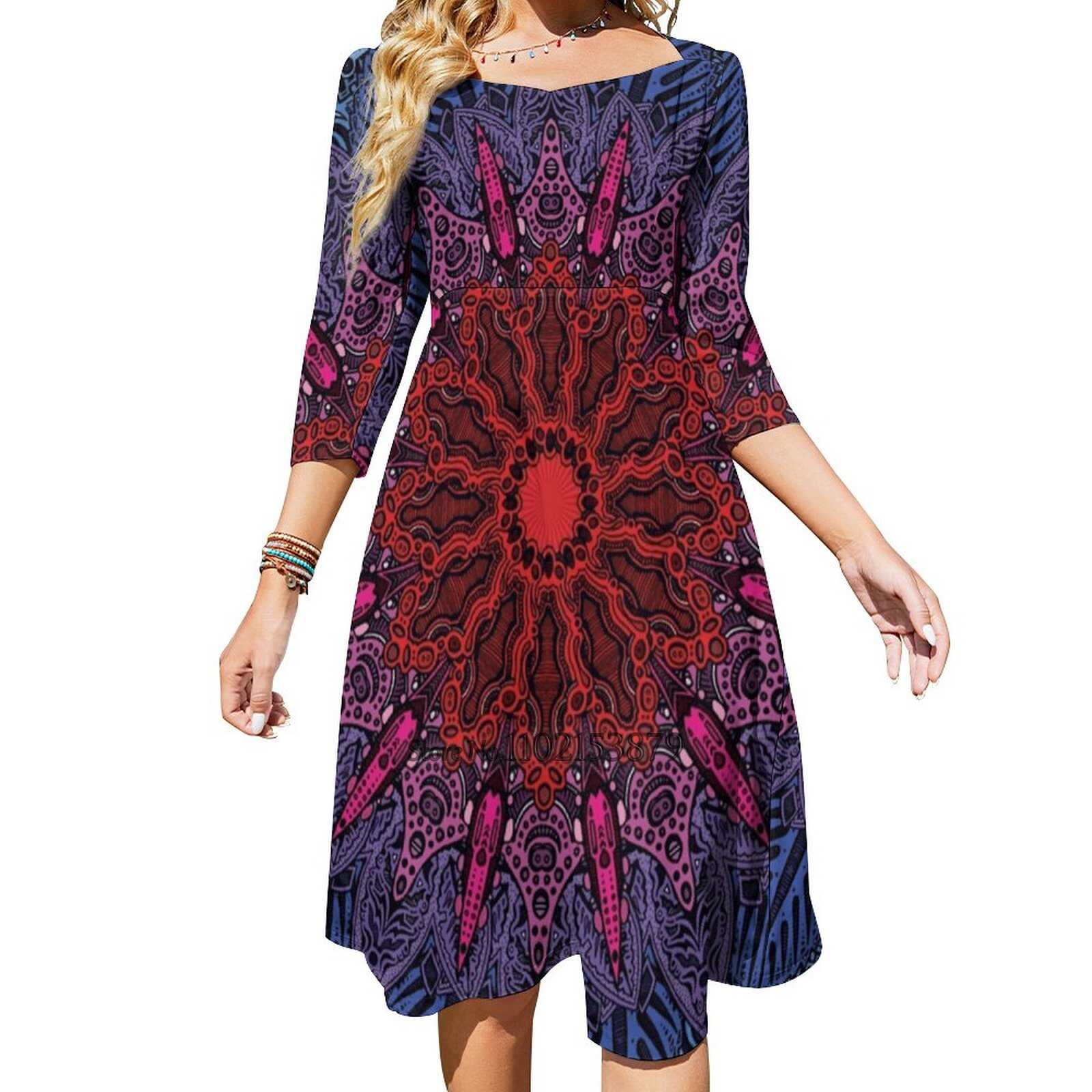 Flower Mandala Square Neck Dress Back Lacing Backless Dress Elegant ...