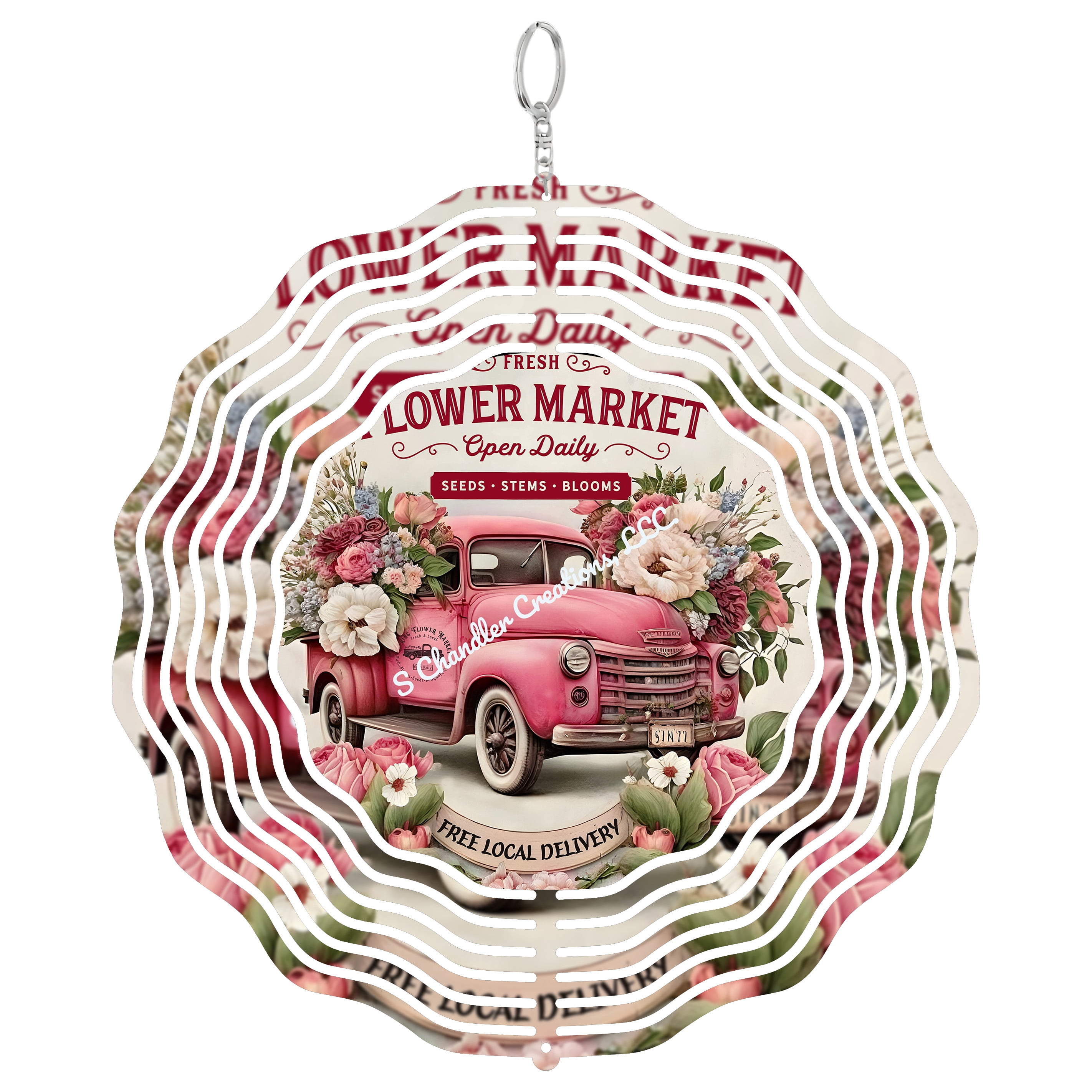 Flower Market Pink Truck 3D Wind Spinner, Floral Spring Metal Ornament ...
