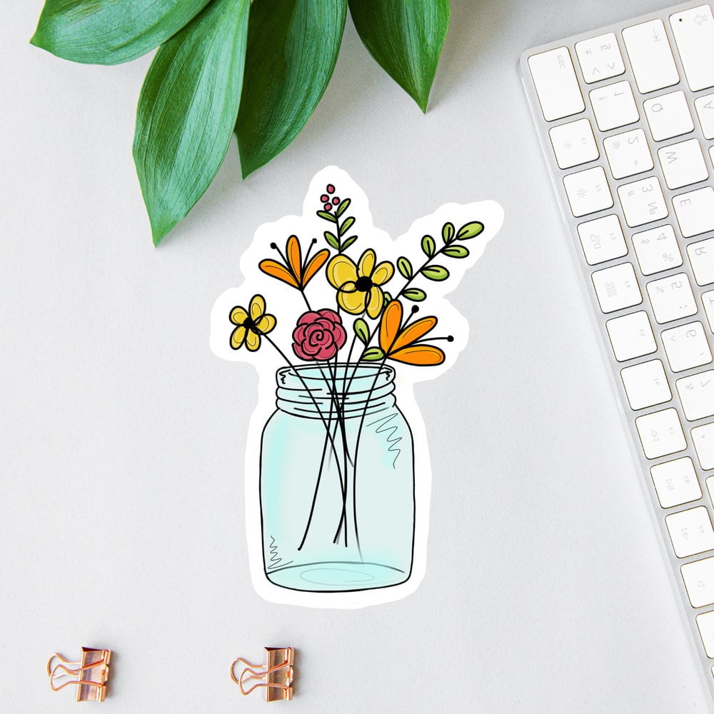 Flower Mason Jar Sticker, Watercolor Flower Label, Floral Sticker Phone ...