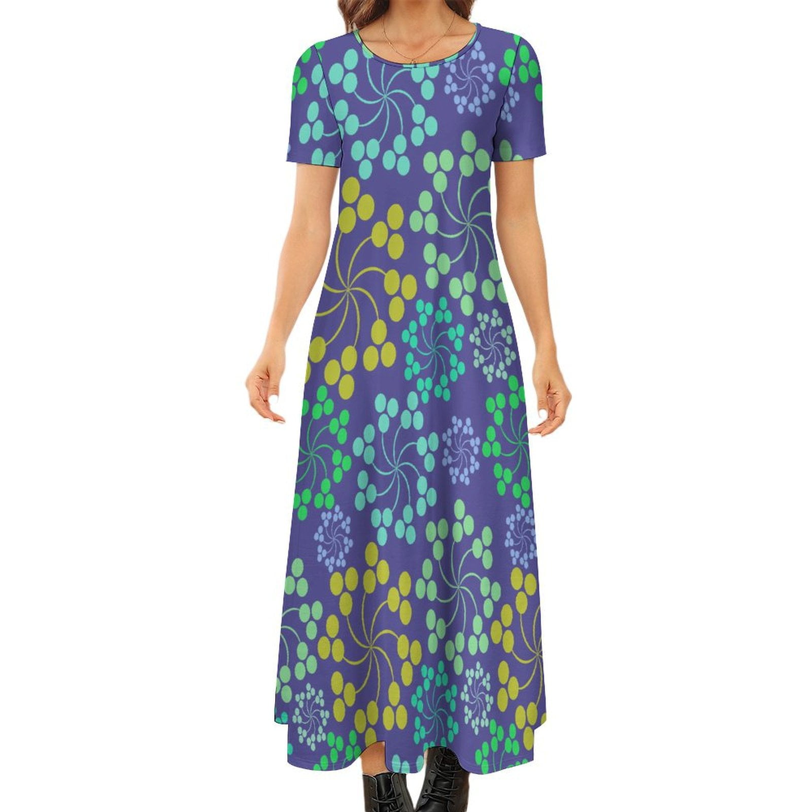 Flower Maxi Dress for Women Crew Neck Beach Dress Short Sleeve Casual ...