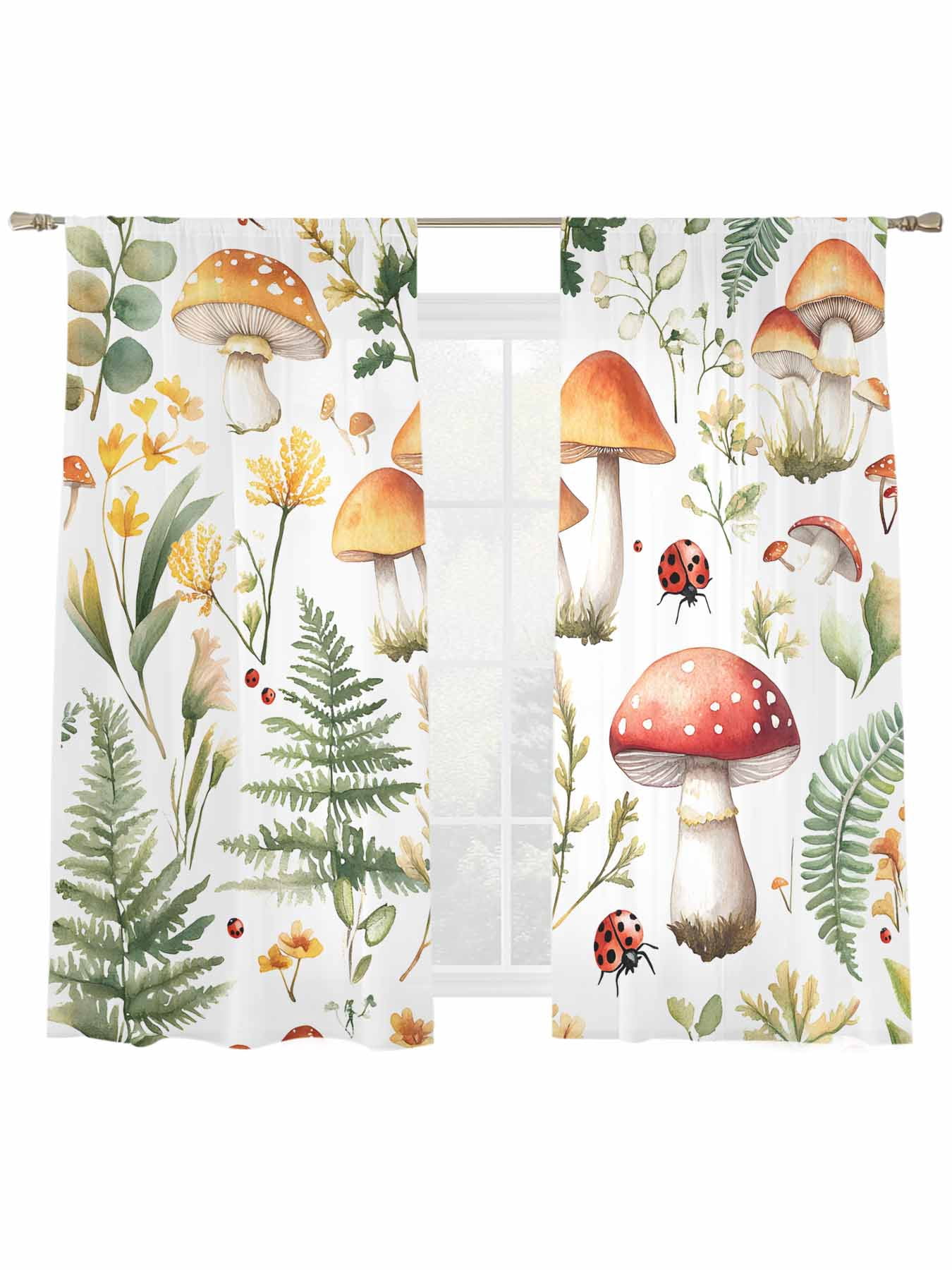 Flower Mushroom Leaf Sheer Curtains 2 Panels Set Ladybug Sheer Window ...