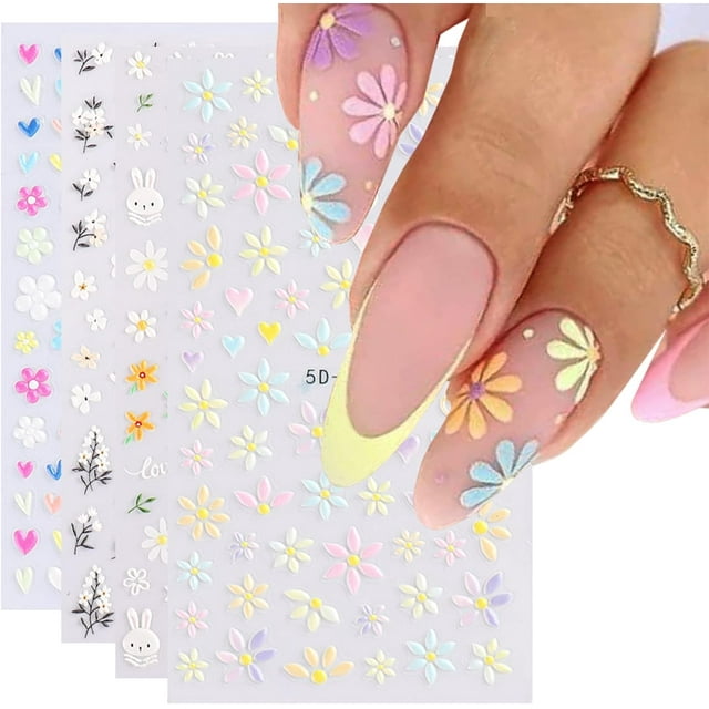 Flower Nail Art Stickers, 5D Embossed Nail Decals Spring Daisy Nail Art ...