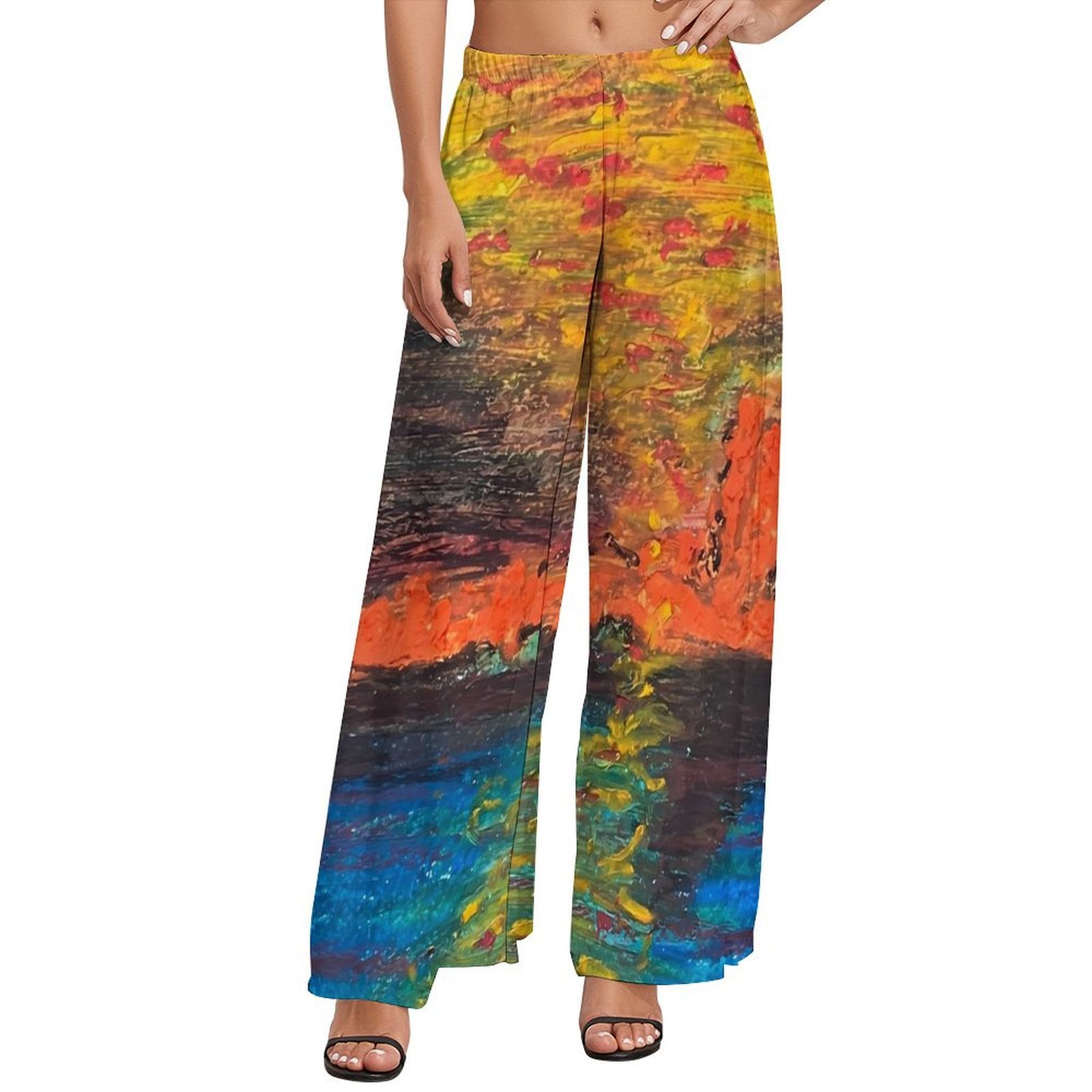 Flower Oil Painting Straight Pants Green Leaves Workout Wide Pants ...