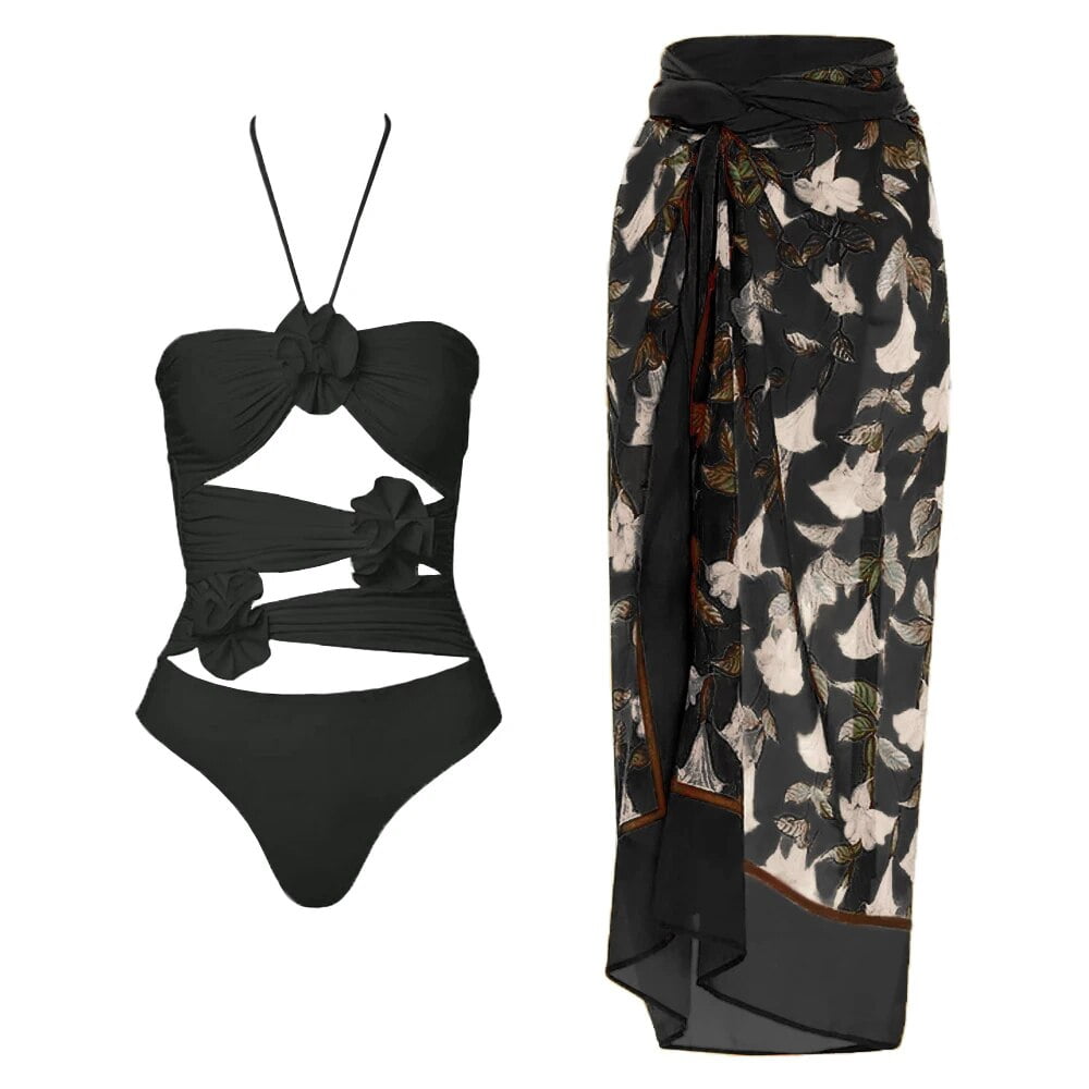 Flower One Piece Swimsuit with Beach Skirt Cut Out V Neck Bathing Suit ...