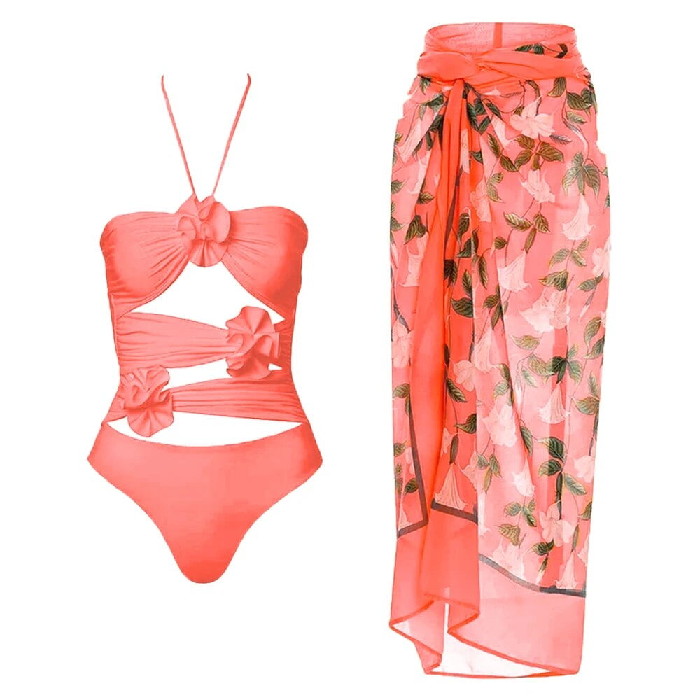 Flower One Piece Swimsuit with Beach Skirt Cut Out V Neck Bathing Suit ...
