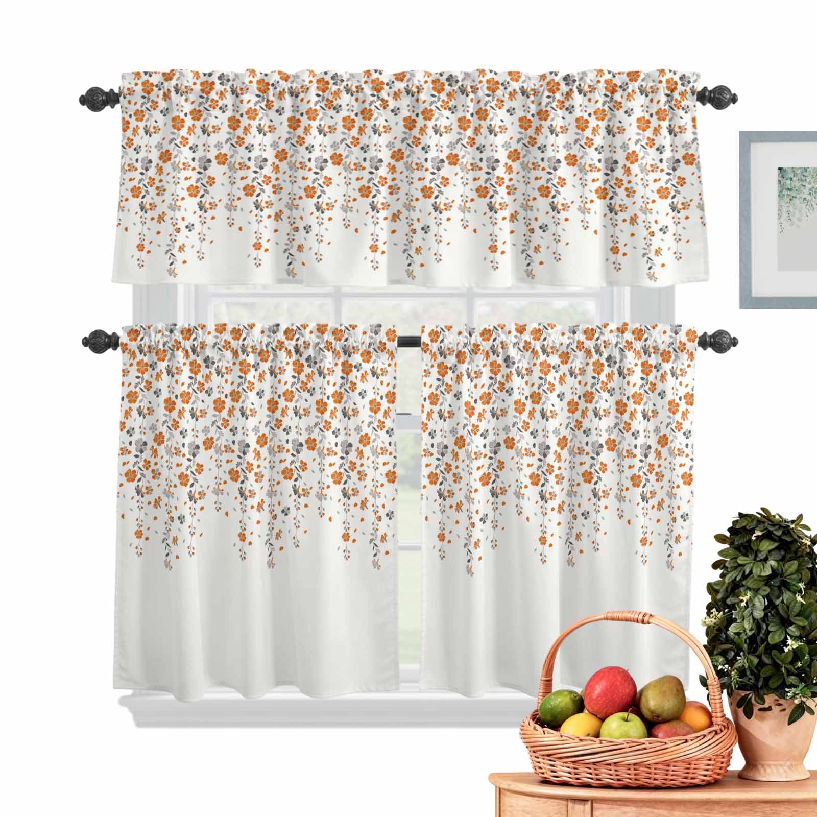Flower Orange Kitchen Curtains Valances 3 Piece Set, Grey Cherry ...