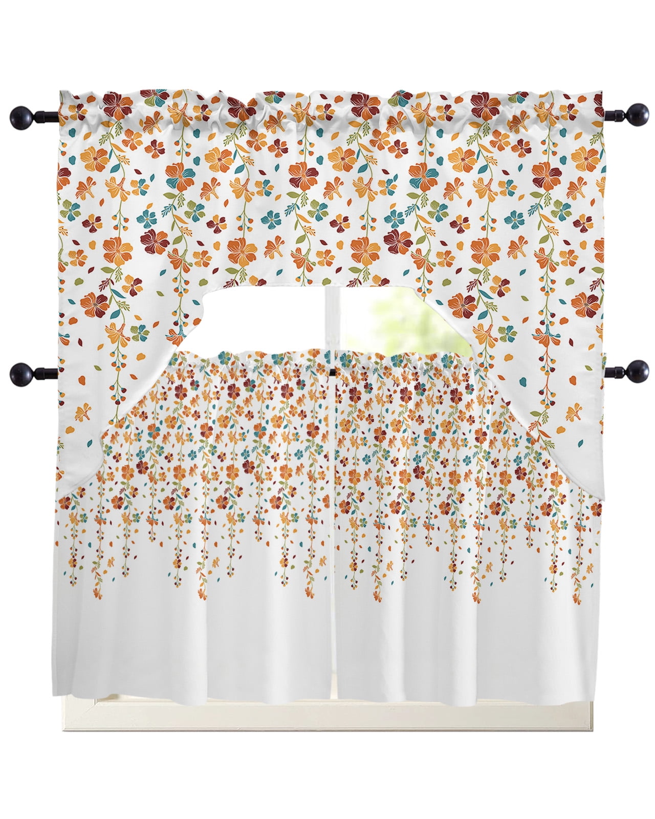 Flower Orange Swag Valance and Tier Curtains Set Blue Cherry Blossoms ...