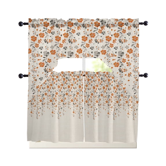 Flower Orange Swag Valance and Tier Curtains Set Grey Cherry Blossoms ...
