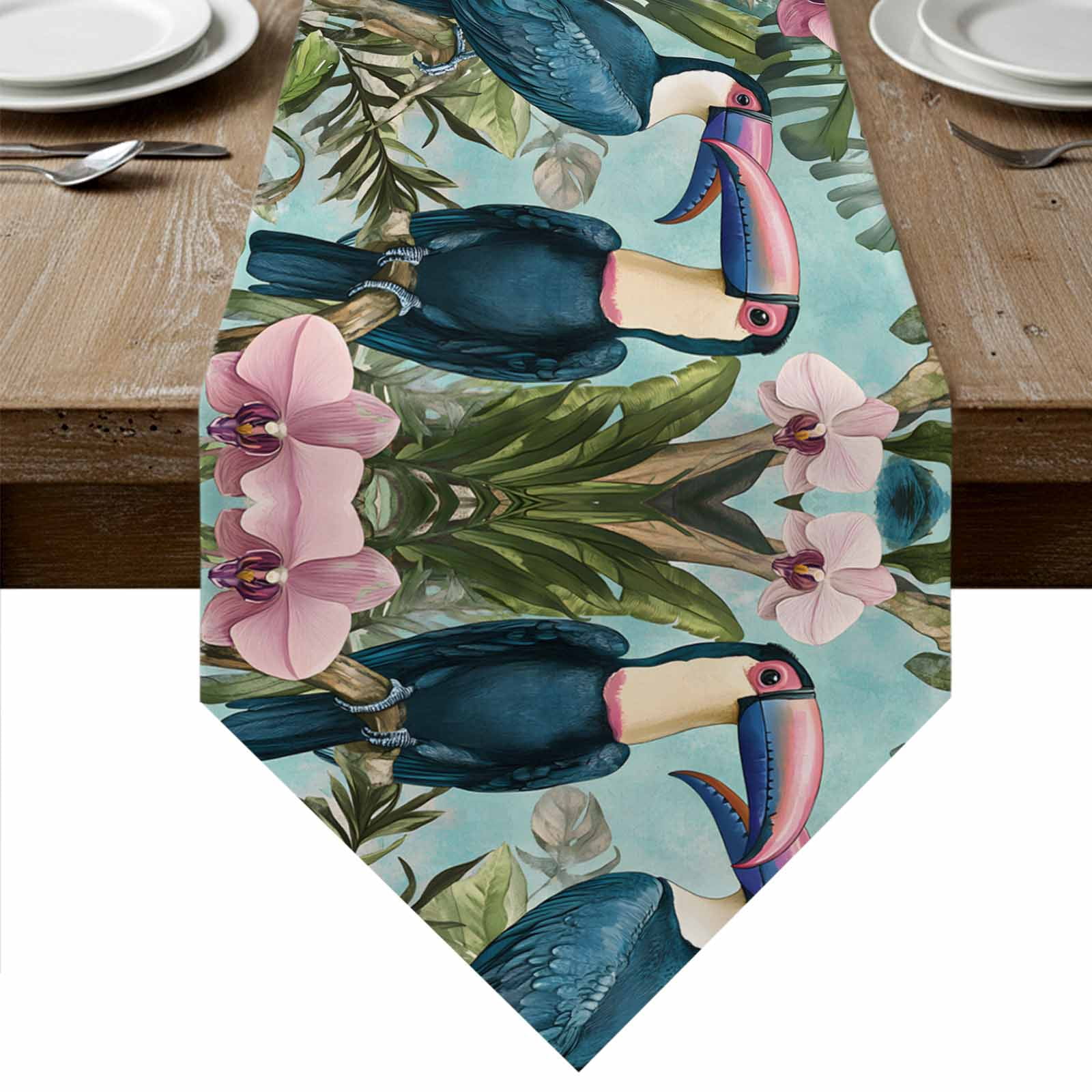 Flower Parrot Table Runner Linen Burlap Table Runner 90 Inches Long ...