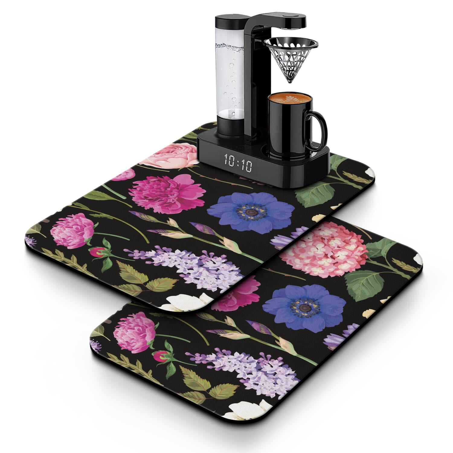 Flower Pattern Coffee Bar Mat 2-Pack - Floral Green Aesthetic Absorbent ...