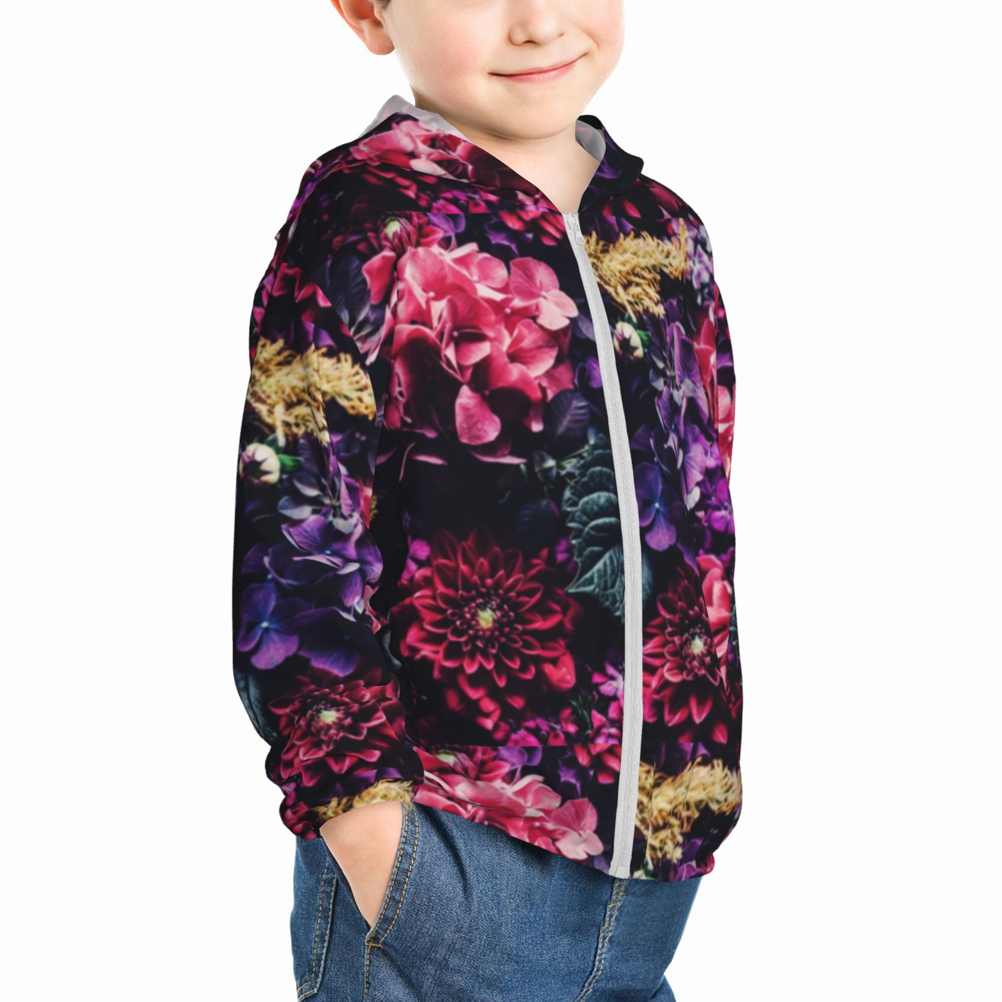 Flower Pattern Kids Zip-Up Hoodie Girls Boys Sun Protection Jacket Hooded Cooling Shirt ...