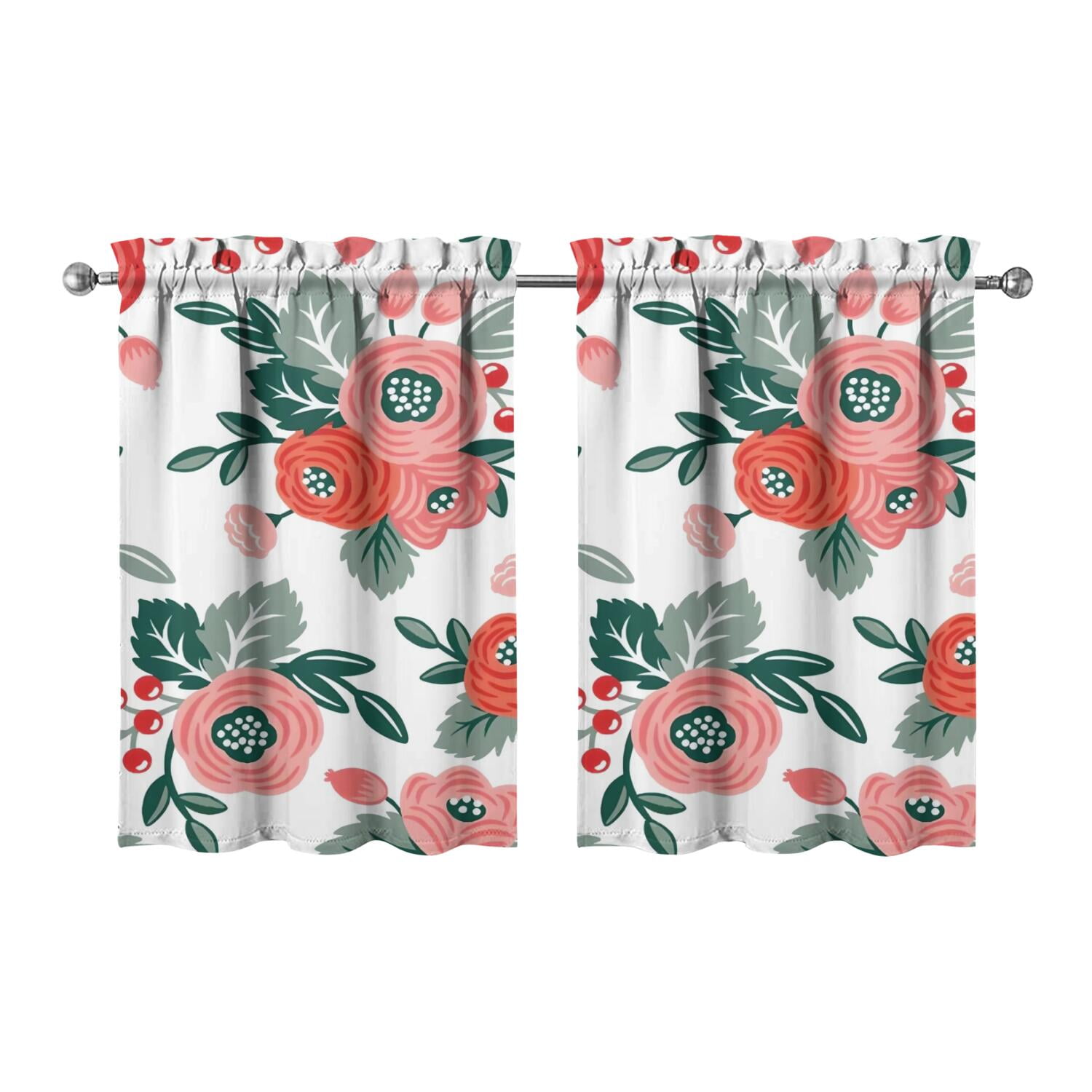 Flower Pattern Kitchen Curtains 2 Piece Set - 27.5x36 Inch Retro Floral ...