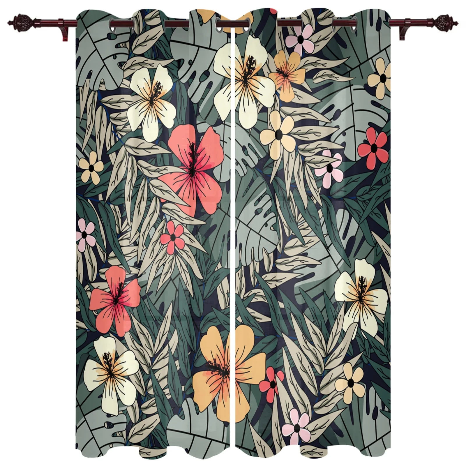 Flower Pattern Plant Dark Jungle Palm Bright Window Curtains Scenic ...