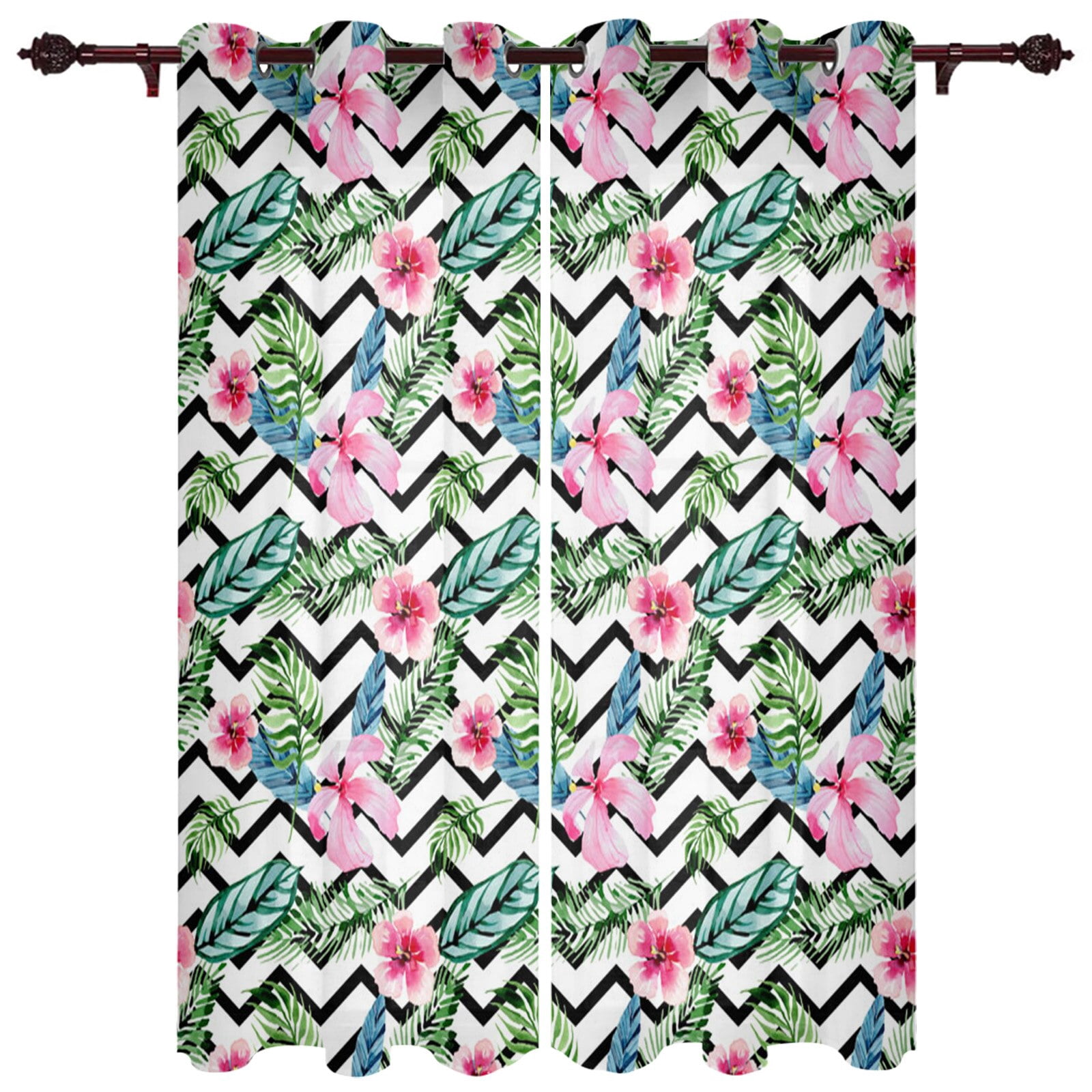 Flower Pattern Plant Dark Jungle Palm Bright Window Curtains Scenic ...