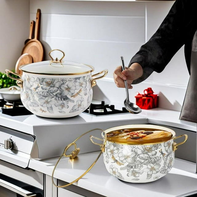 Flower Pattern Stockpot with Lid, 1 Count Double Ear Ceramic Soup Pot ...