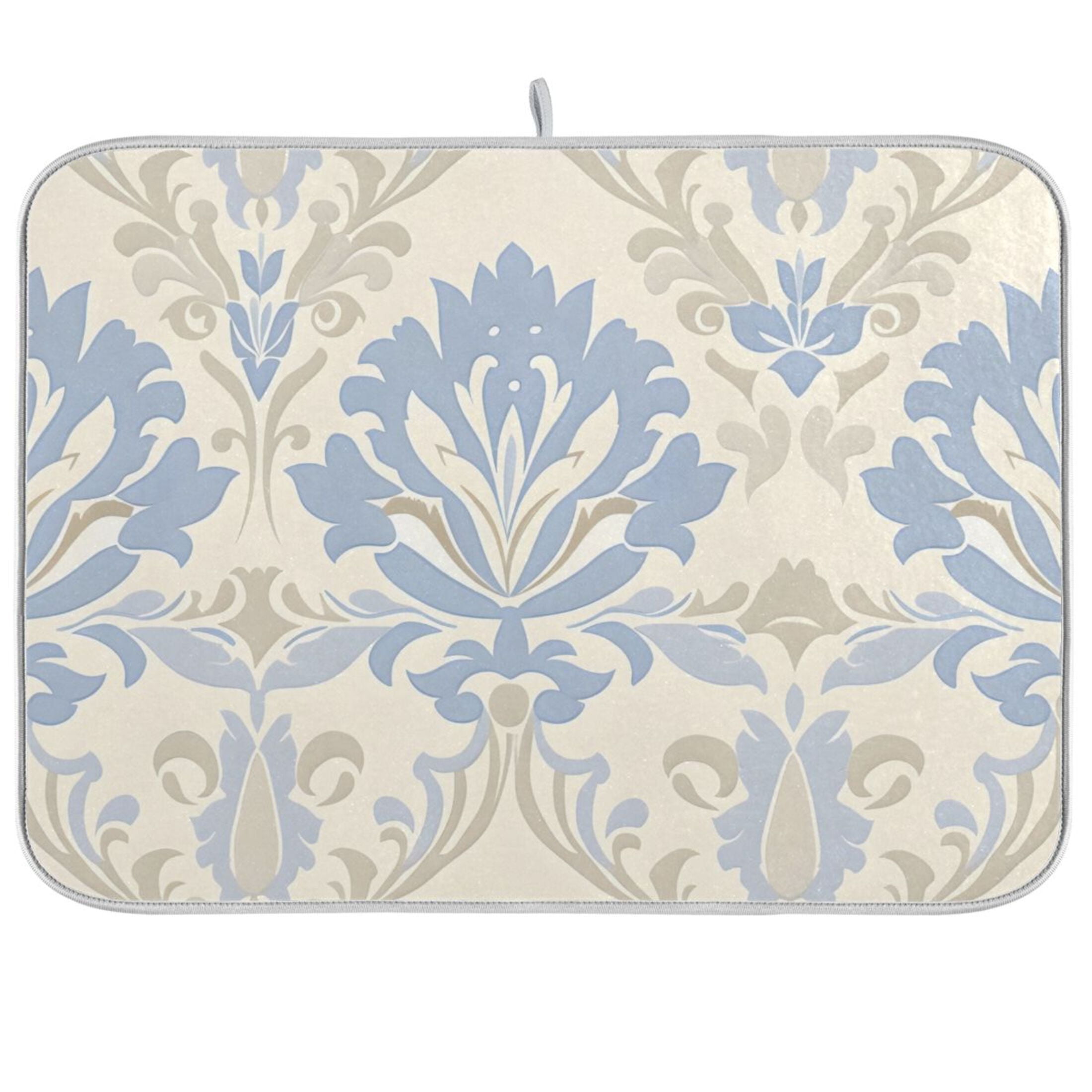 Flower Pattern in Light Blue and Beige Dish Drying Mat Absorption Pad ...