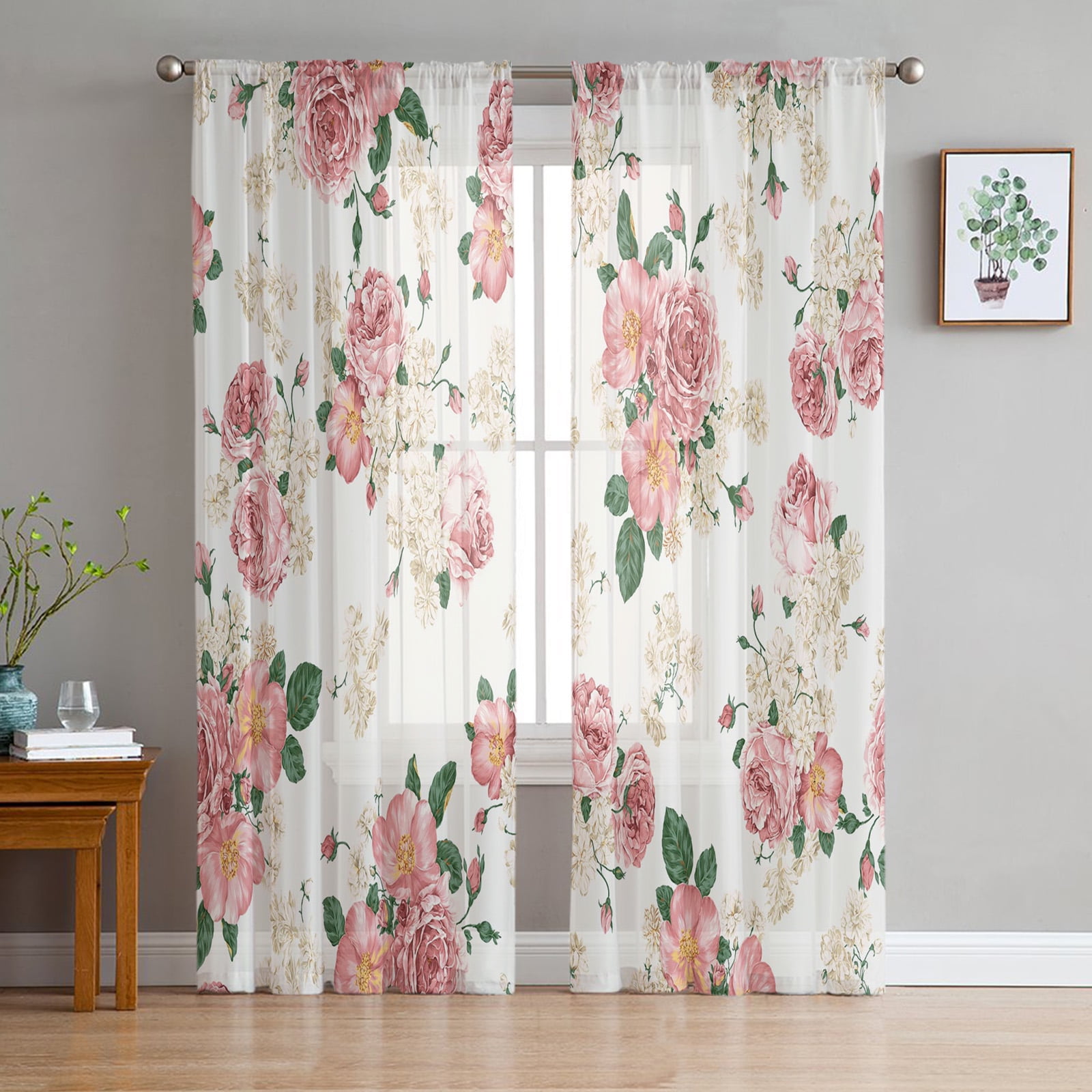 Flower Pink Green Leaf Rose Curtain Window Tulle For Living Room ...