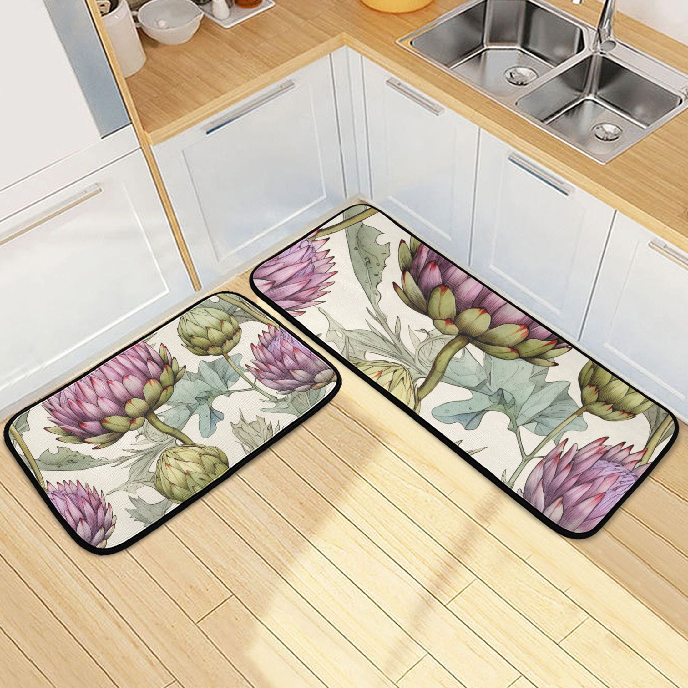Flower Pink Kitchen Rugs Set of 2 Non Slip Floor Foam Mat Cushioned ...