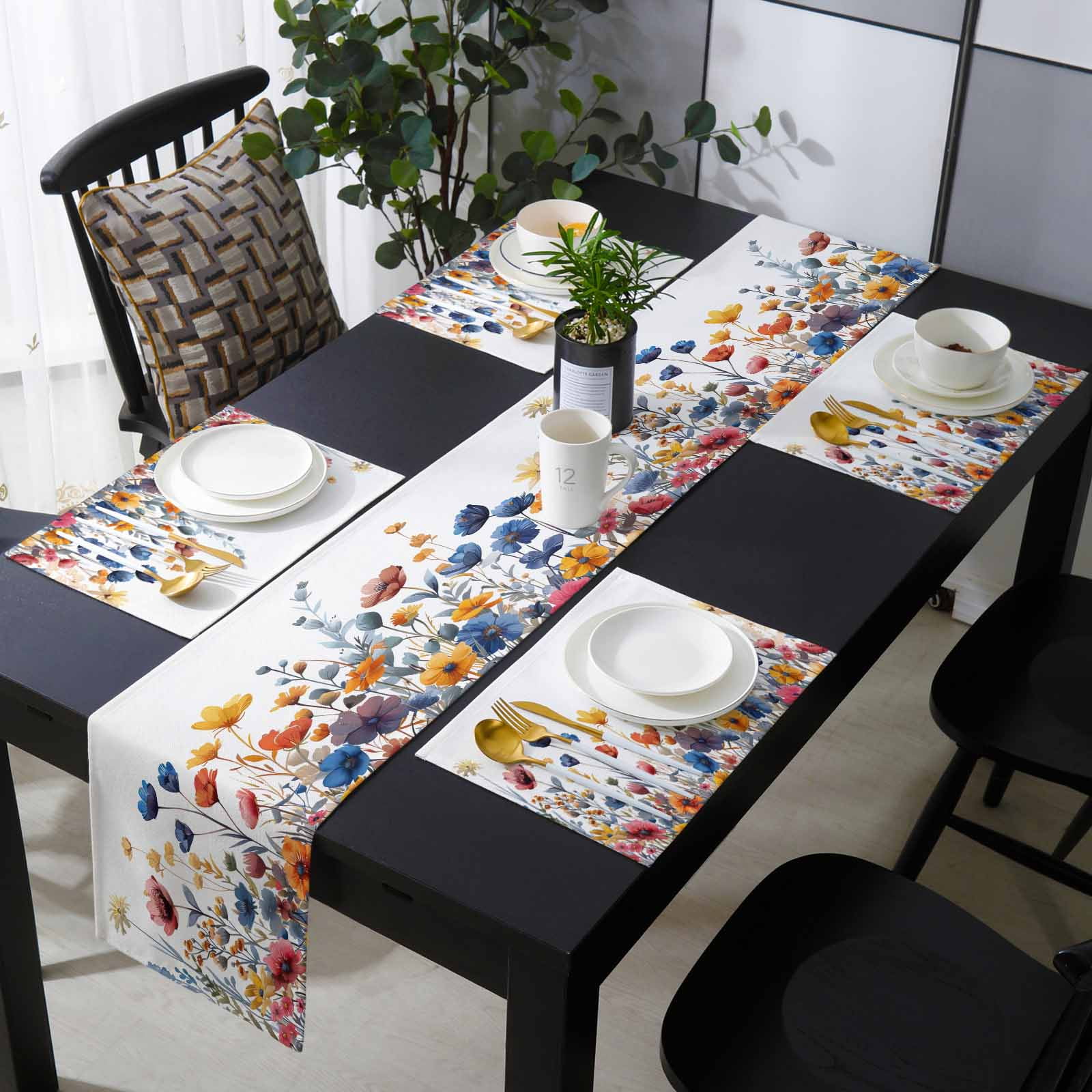 Flower Placemats Set of 6 with 90 Inches Long Table Runner,Blue Floral Daisy Eucalyptus Lavender ...