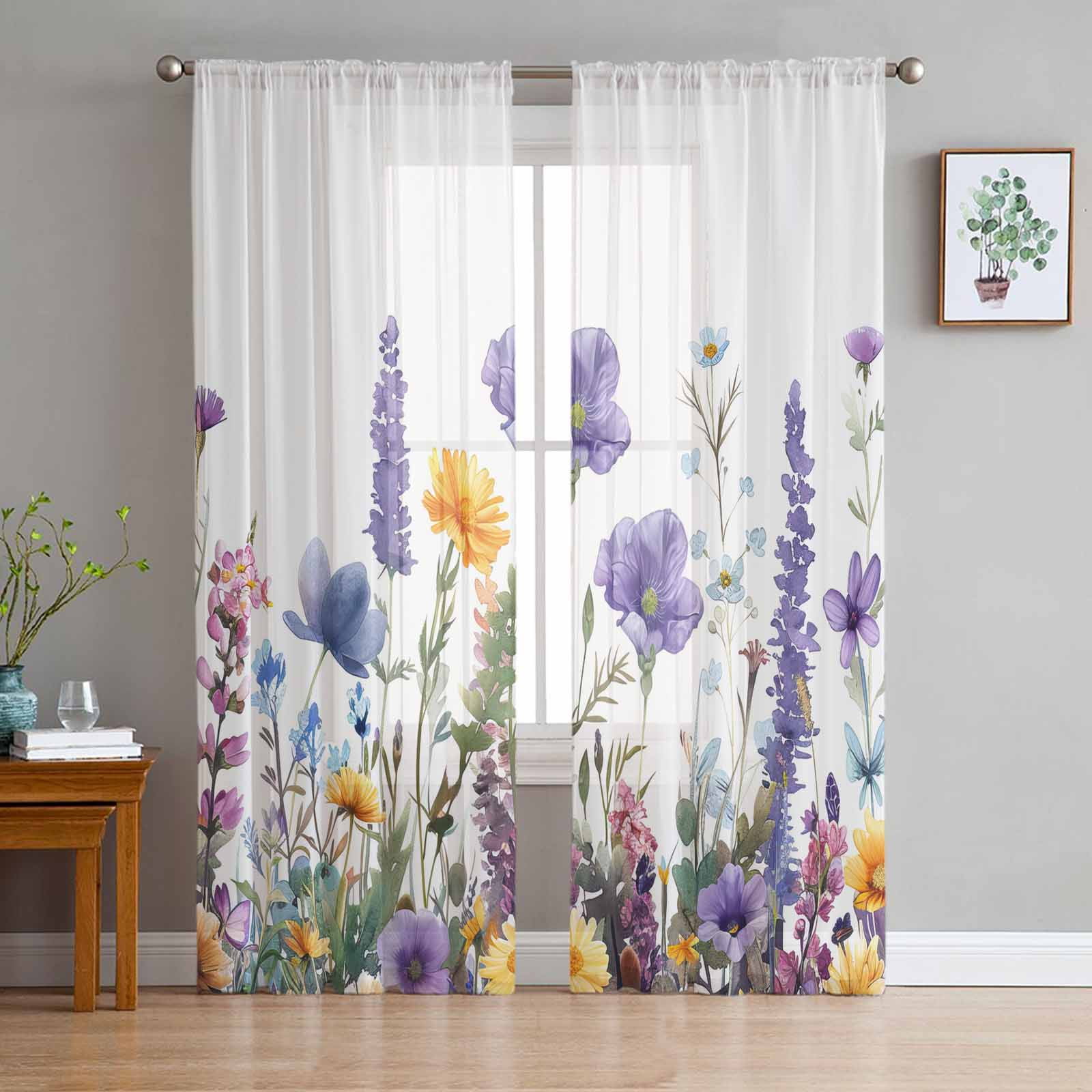 Flower Plant Daisy Lavender Tulle Curtains for Living Room Bedroom ...