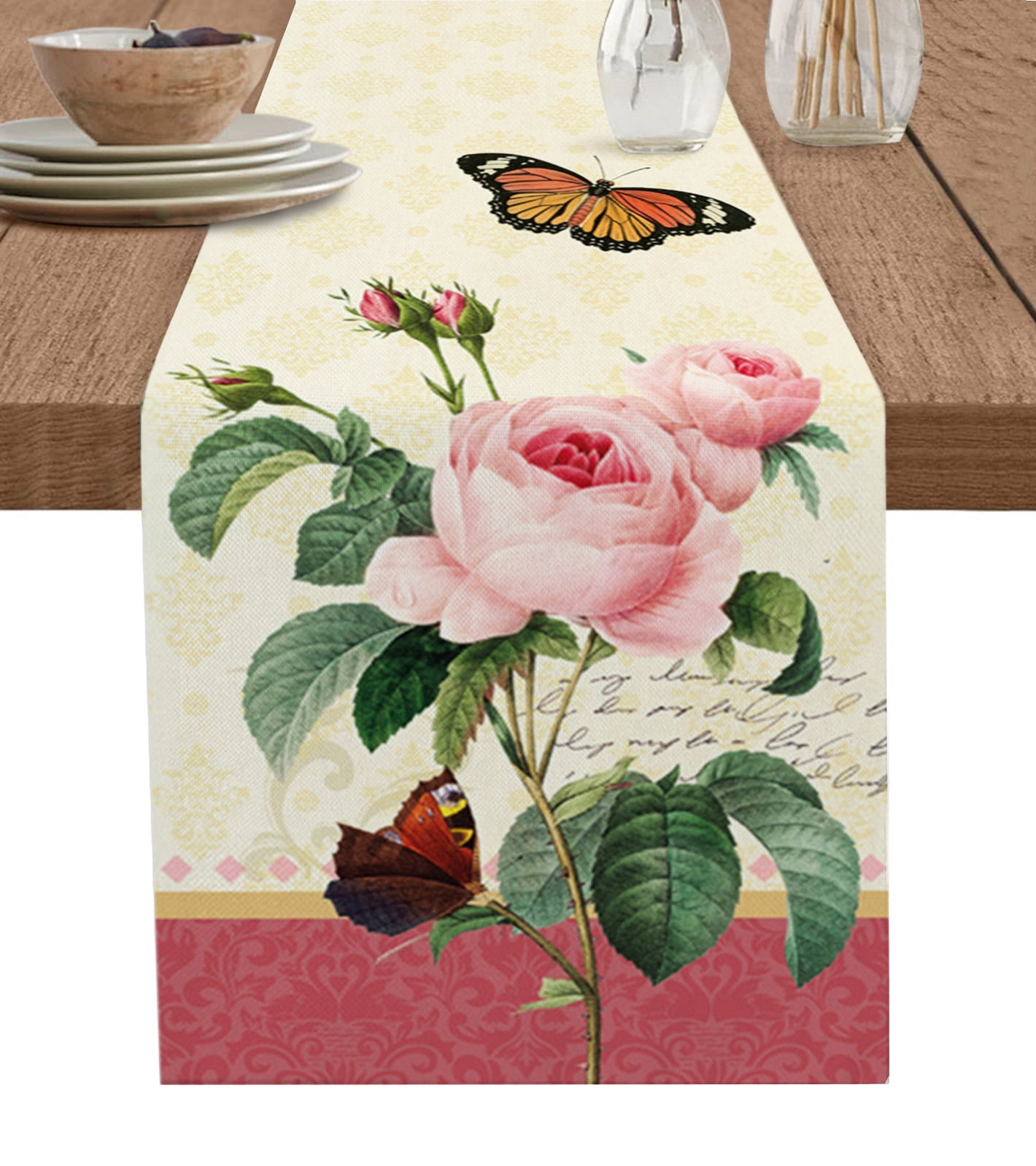 Flower Plant Rose Table Runner Home Wedding r Table Flag Mat Table ...