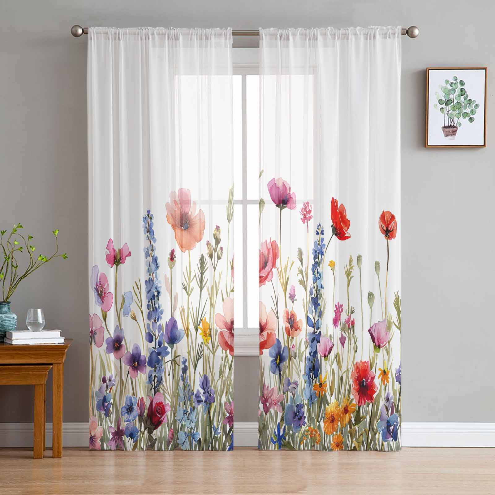 Flower Plant Watercolor Leaves Daisy Sheer Tulle Curtains for Living ...