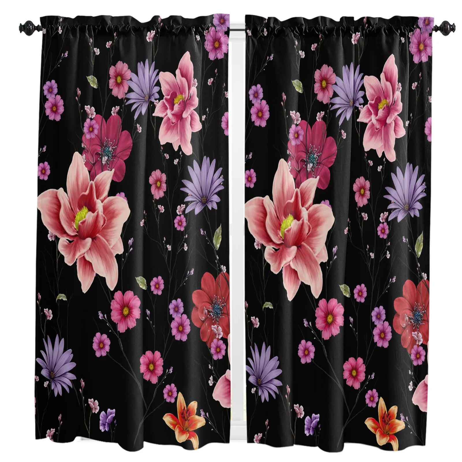 Flower Plant Watercolor Small Curtain Rod Pocket Short Curtains Half ...