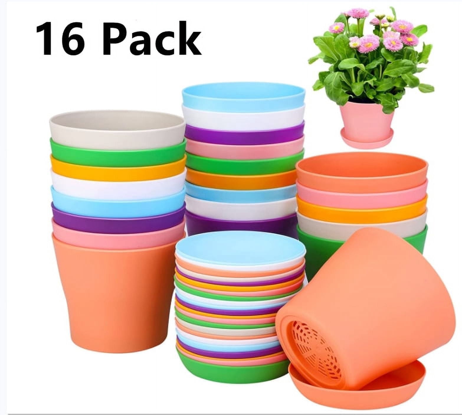 "16 Pcs 4"" Plastic Flower Pots, Decorative Small Pots with Saucer ...