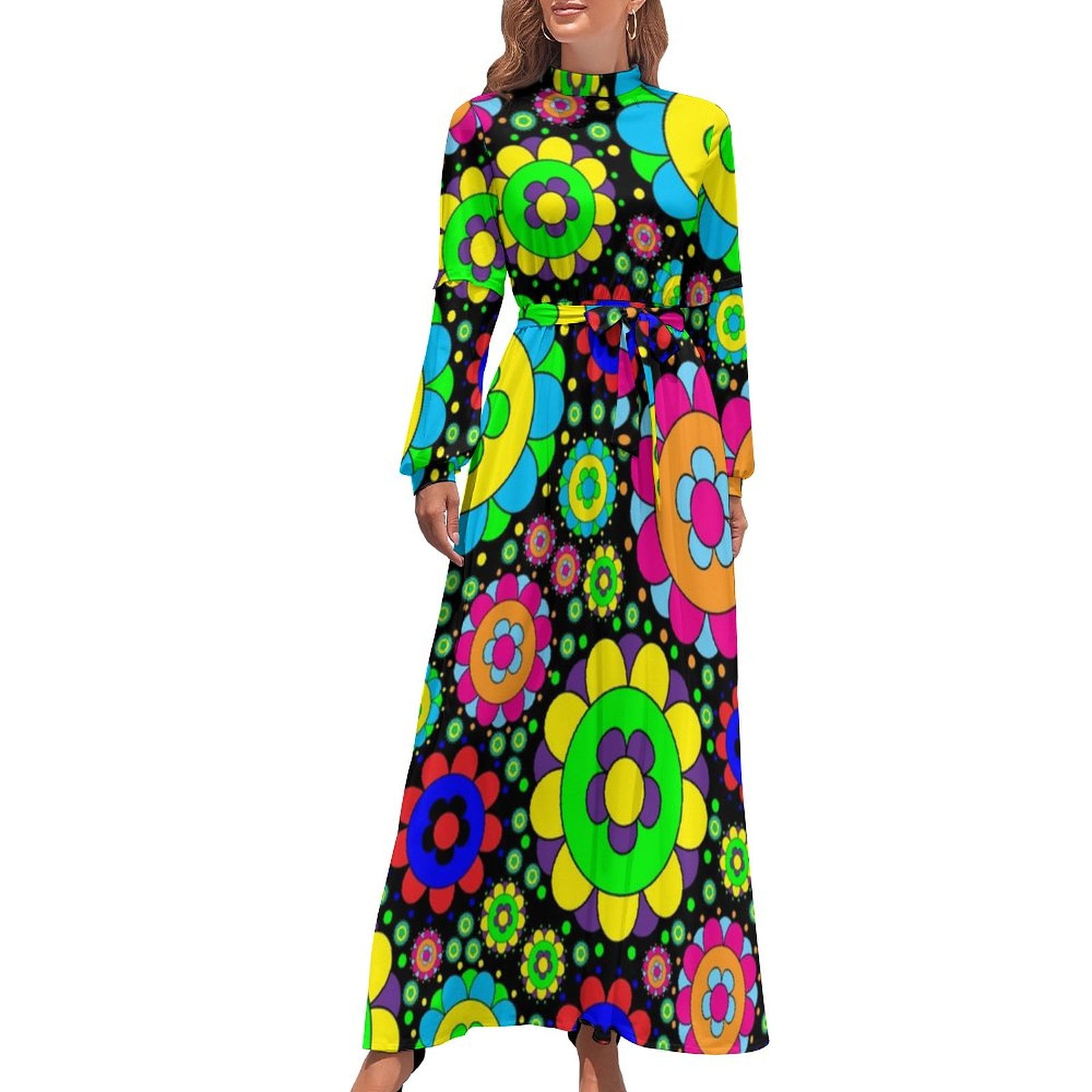 Flower Power Dress Retro 60s Modern Custom Maxi Dress High Neck Long ...