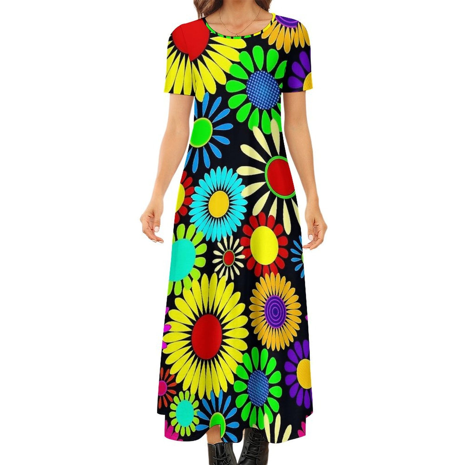 Flower Power Dress Retro Mandala Vintage Maxi Dress Female Short Sleeve ...