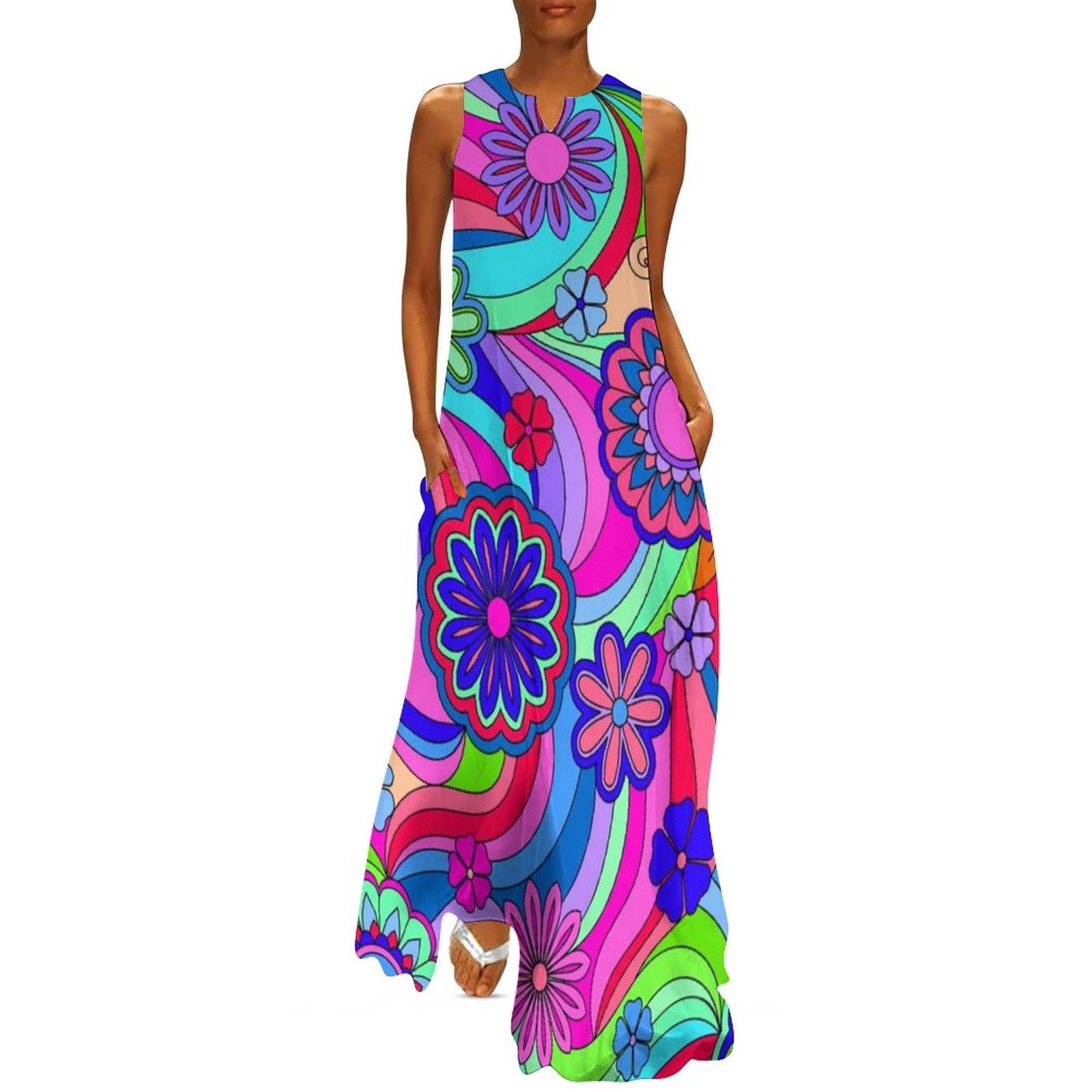 Flower Power Inspired Dress Groovy Hippy Retro Party Maxi Dress Street ...