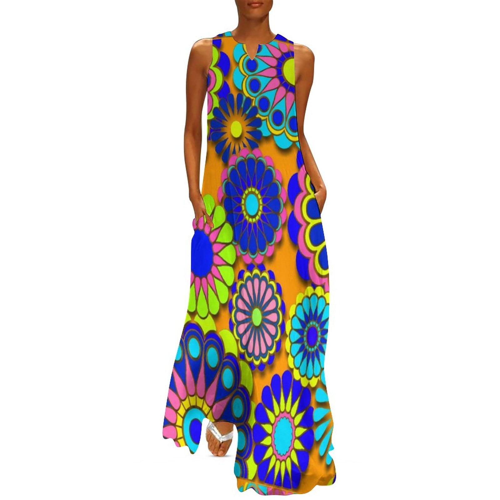 Flower Power Inspired Dress Groovy Hippy Retro Party Maxi Dress Street Fashion Casual Long ...