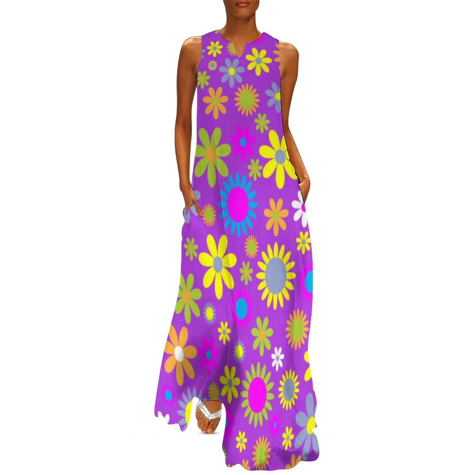 Flower Power Inspired Dress Groovy Hippy Retro Party Maxi Dress Street ...