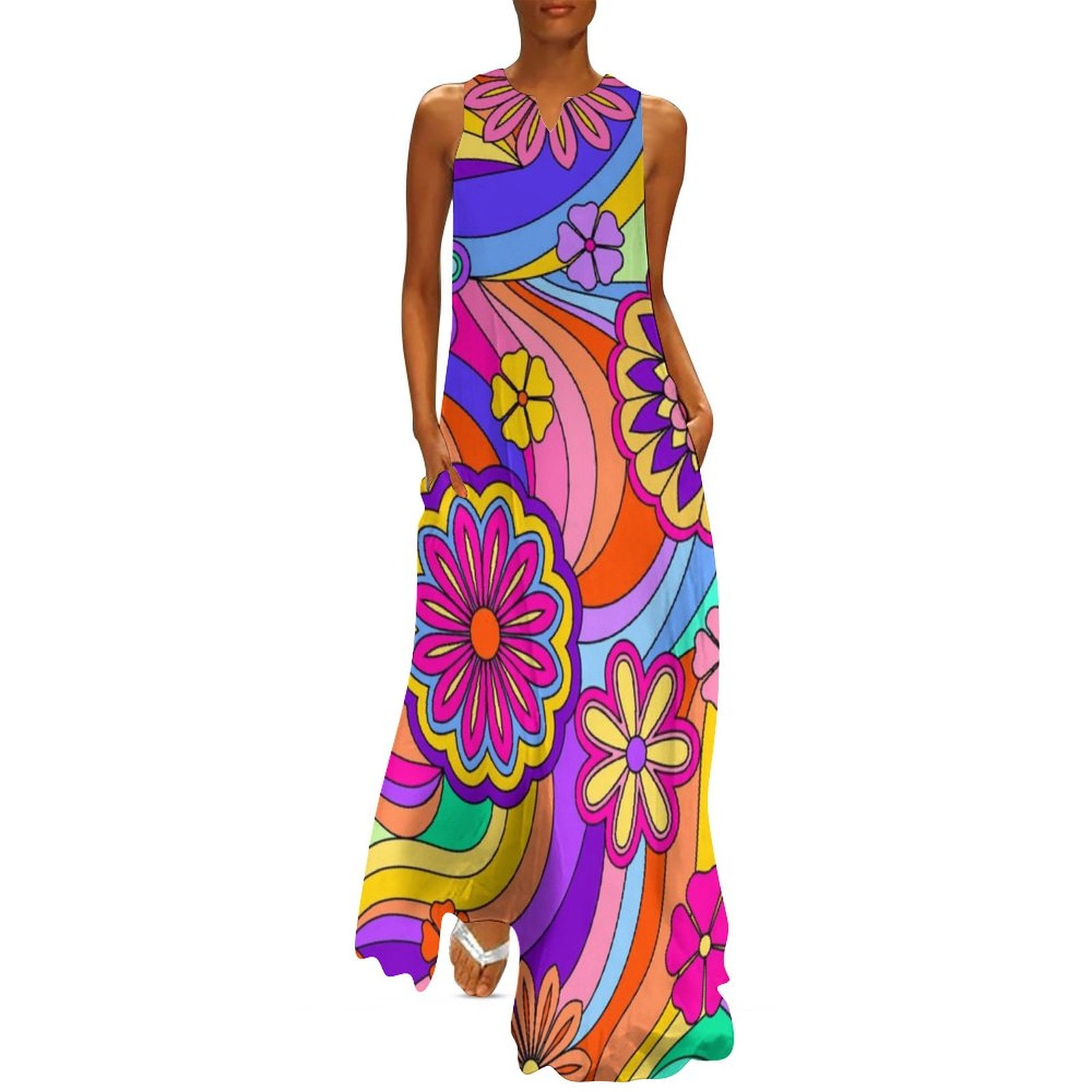 Flower Power Inspired Dress Groovy Hippy Retro Party Maxi Dress Street Fashion Casual Long ...
