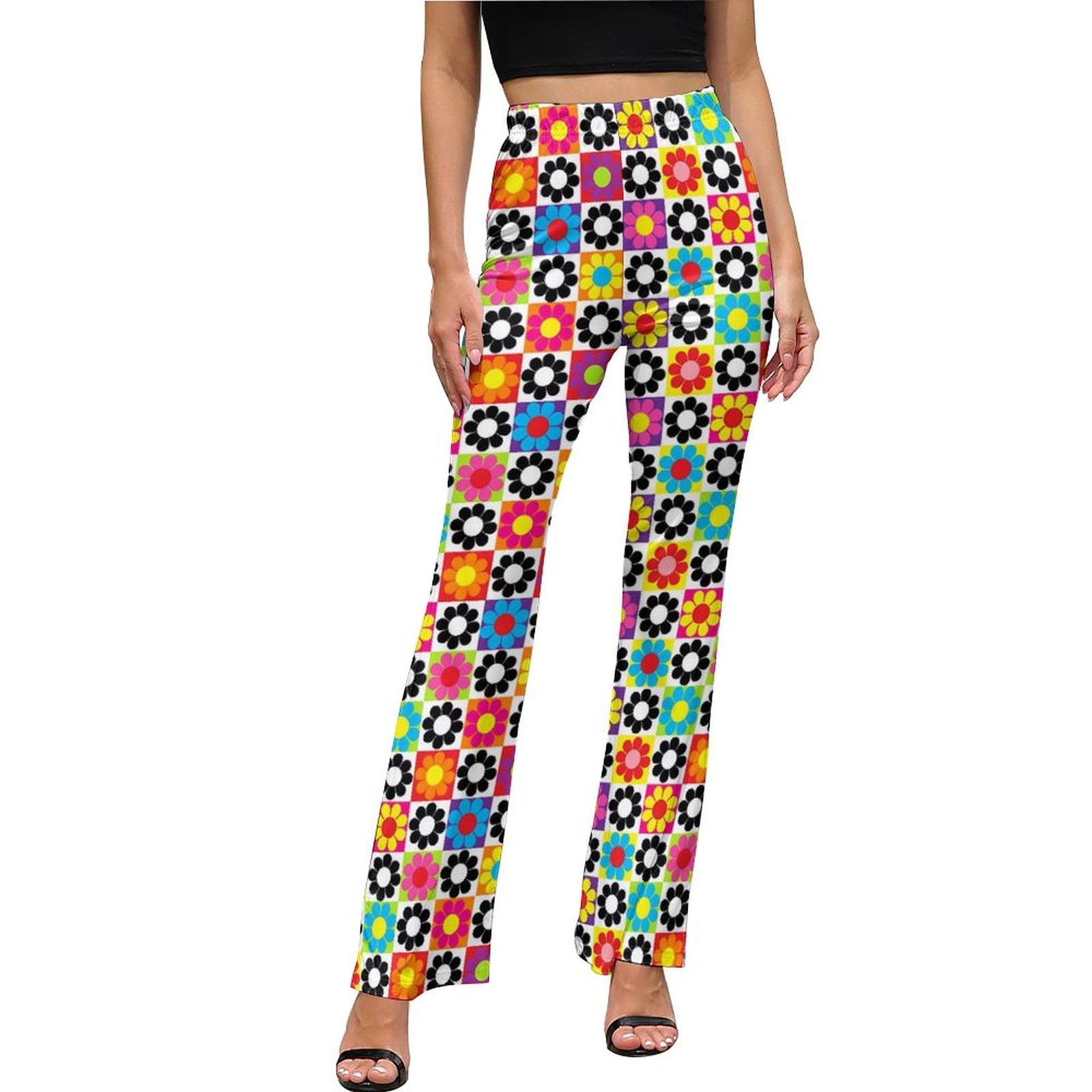 Flower Power Pants Groovy Hippy Elastic High Waist Night Club Flare ...