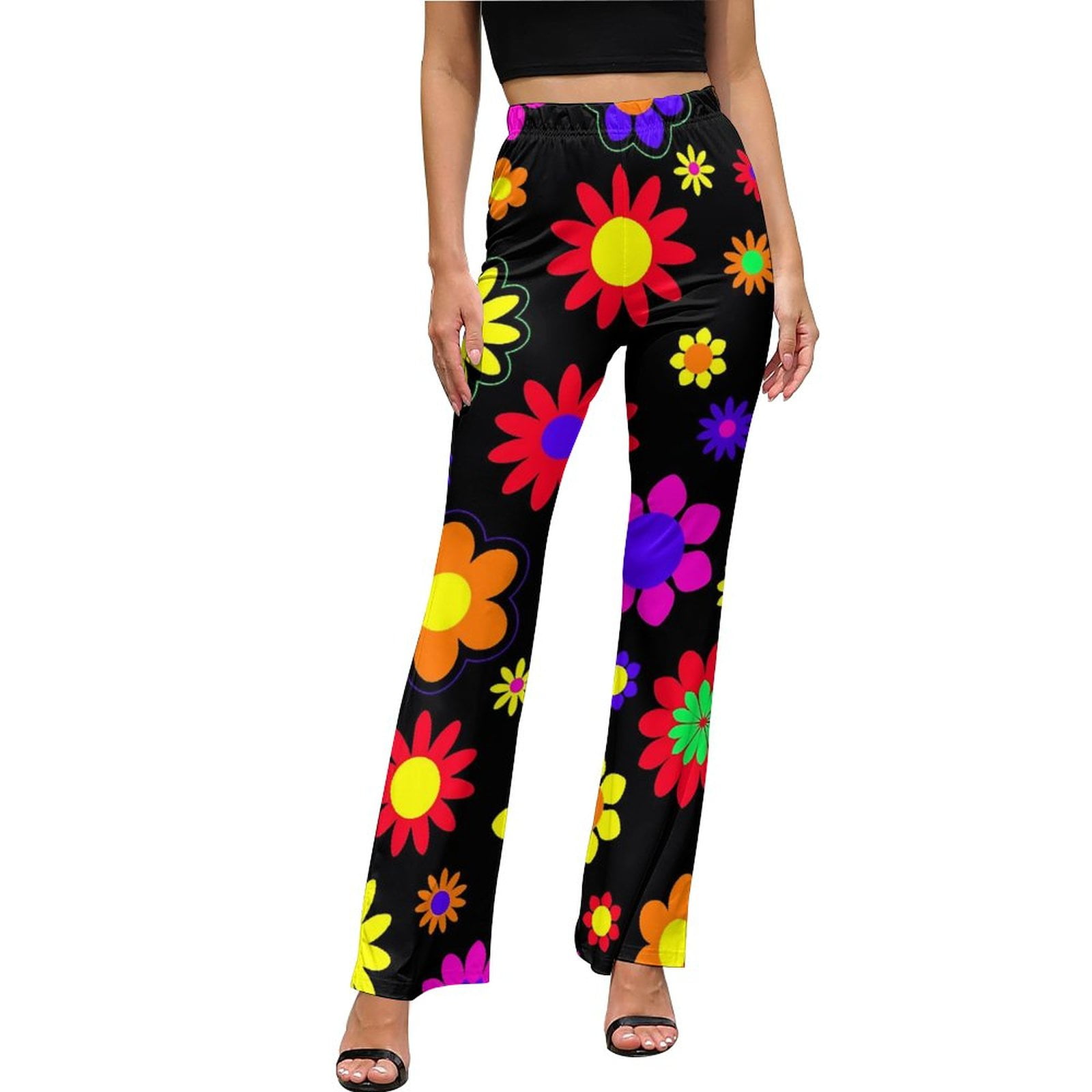Flower Power Pants Groovy Hippy Elastic High Waist Night Club Flare ...