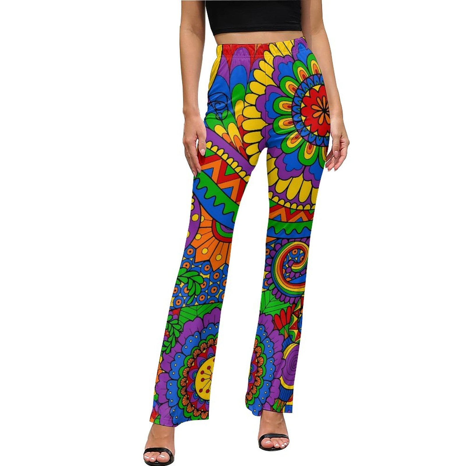 Flower Power Pants Groovy Hippy Elastic High Waist Night Club Flare ...