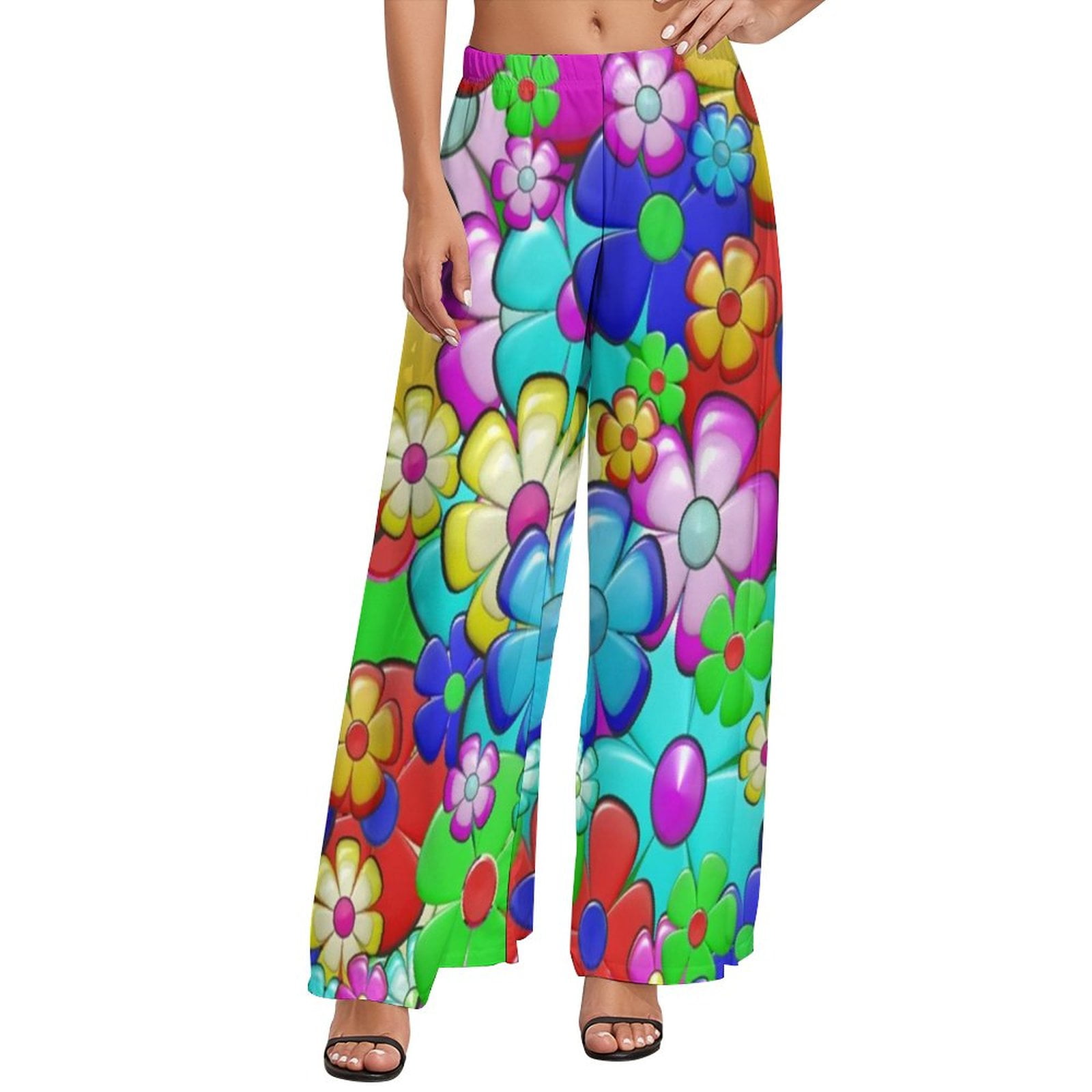 Flower Power Pants Spring Elastic High Waist Floral Print Casual Wide ...