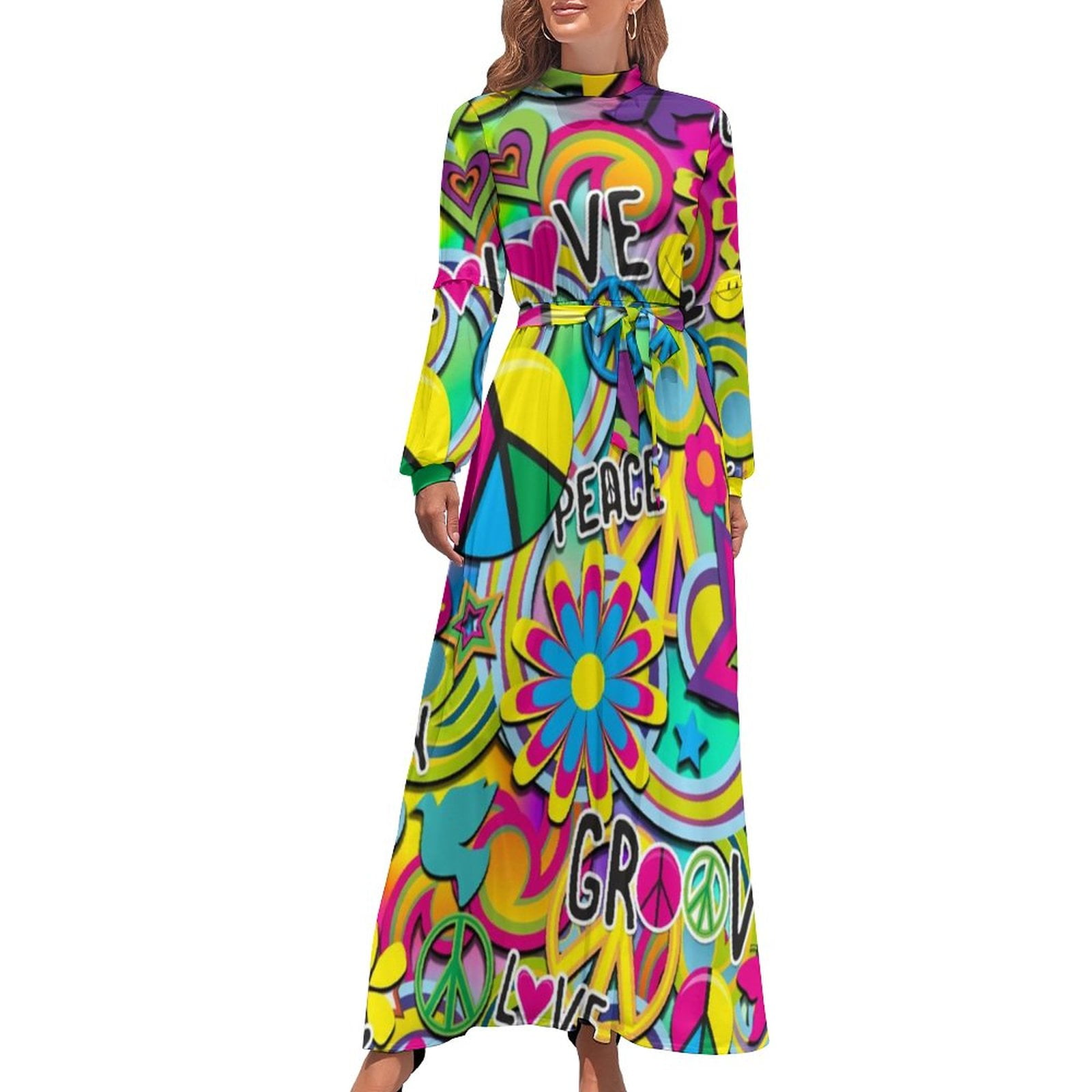 Flower Power Peace Dress Long-Sleeve Retro Hippy 70s Party Maxi Dress ...