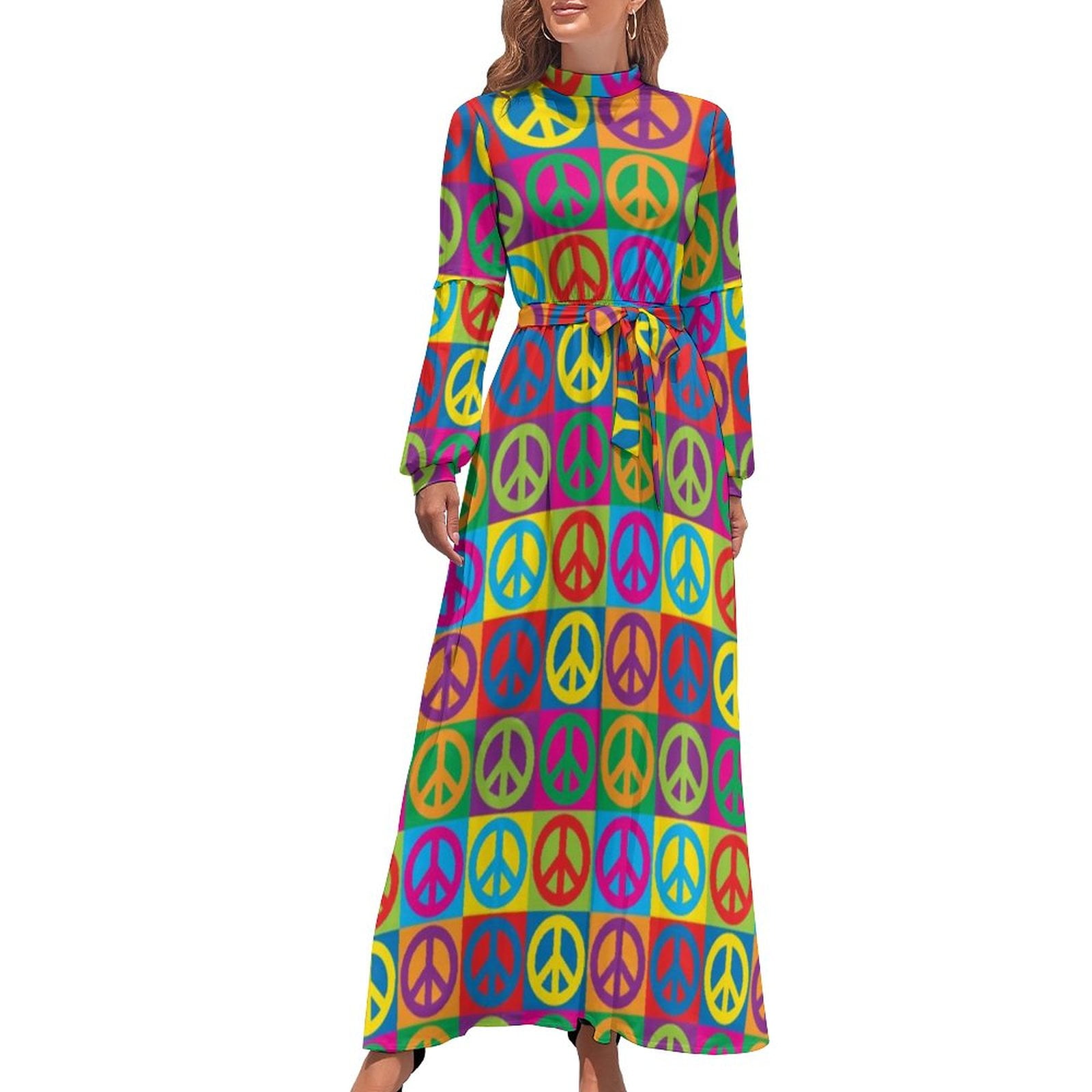 Flower Power Peace Dress Long-Sleeve Retro Hippy 70s Party Maxi Dress ...