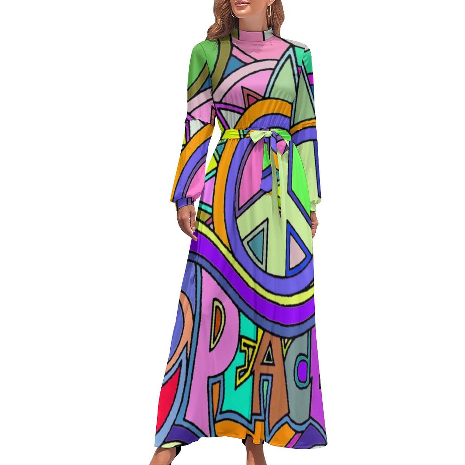 Flower Power Peace Dress Long-Sleeve Retro Hippy 70s Party Maxi Dress ...