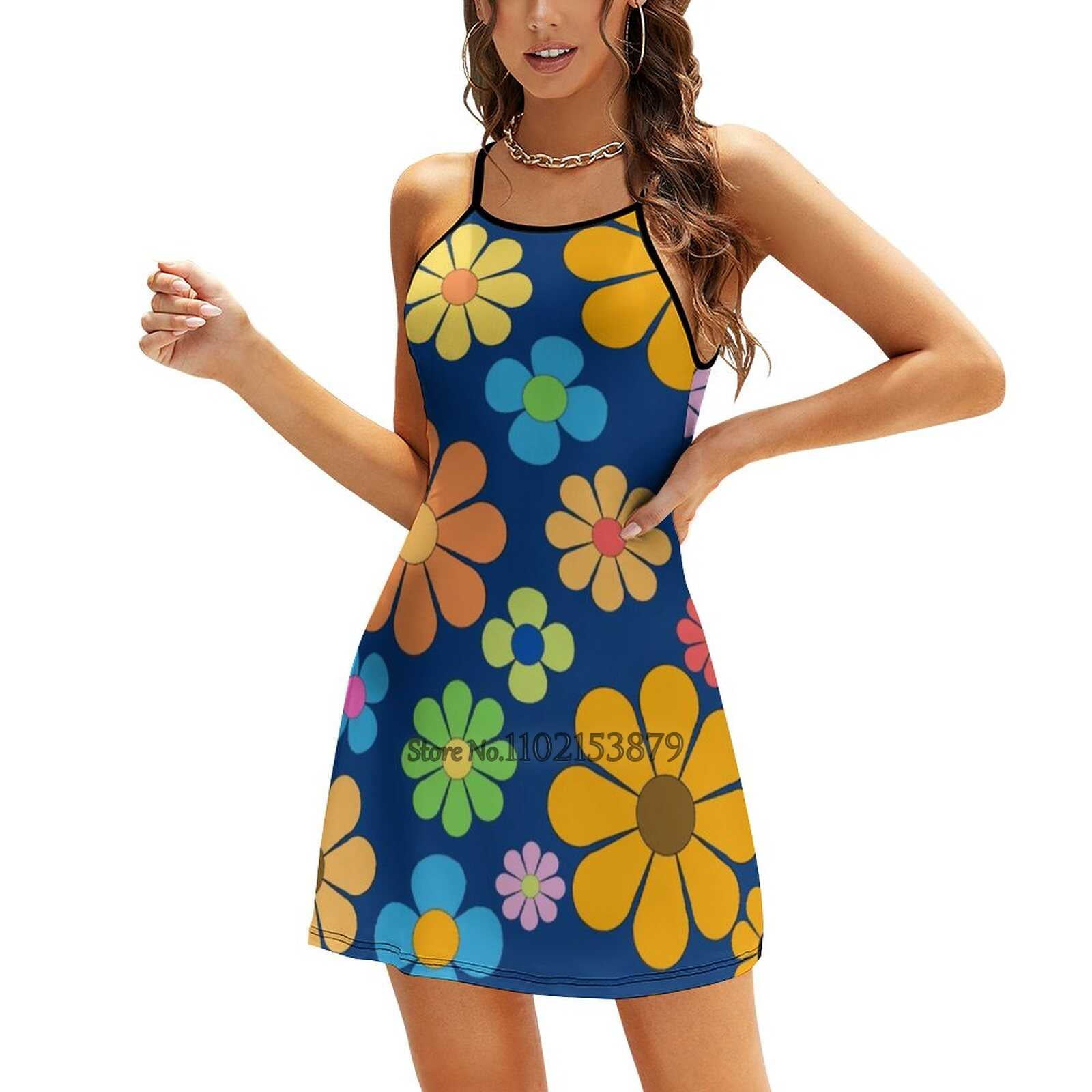 Flower Power - Retro 60S 70S Flowers Back Lacing Backless Dress Square ...