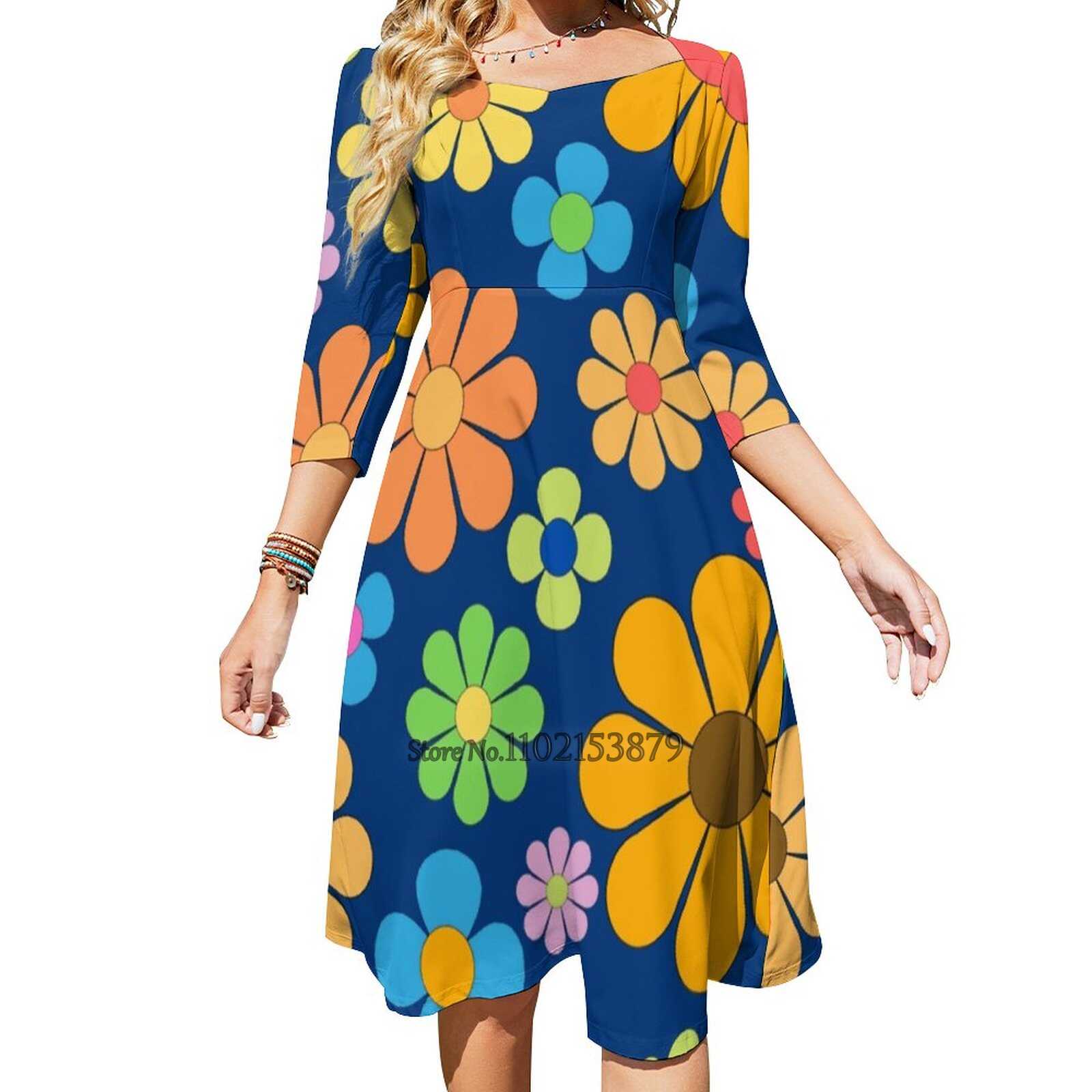 Flower Power - Retro 60S 70S Flowers Back Lacing Backless Dress Square ...