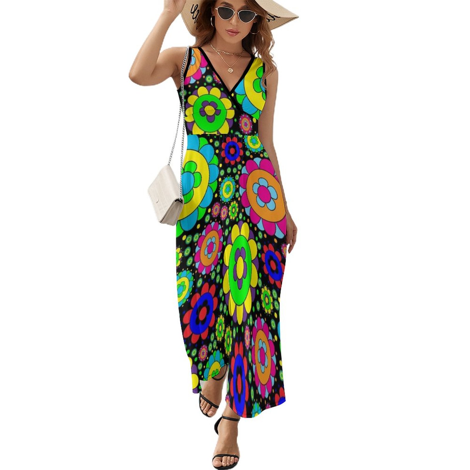 Flower Power Vintage 60s 70s Hippie Retro Flowers Sleeveless Dress ...