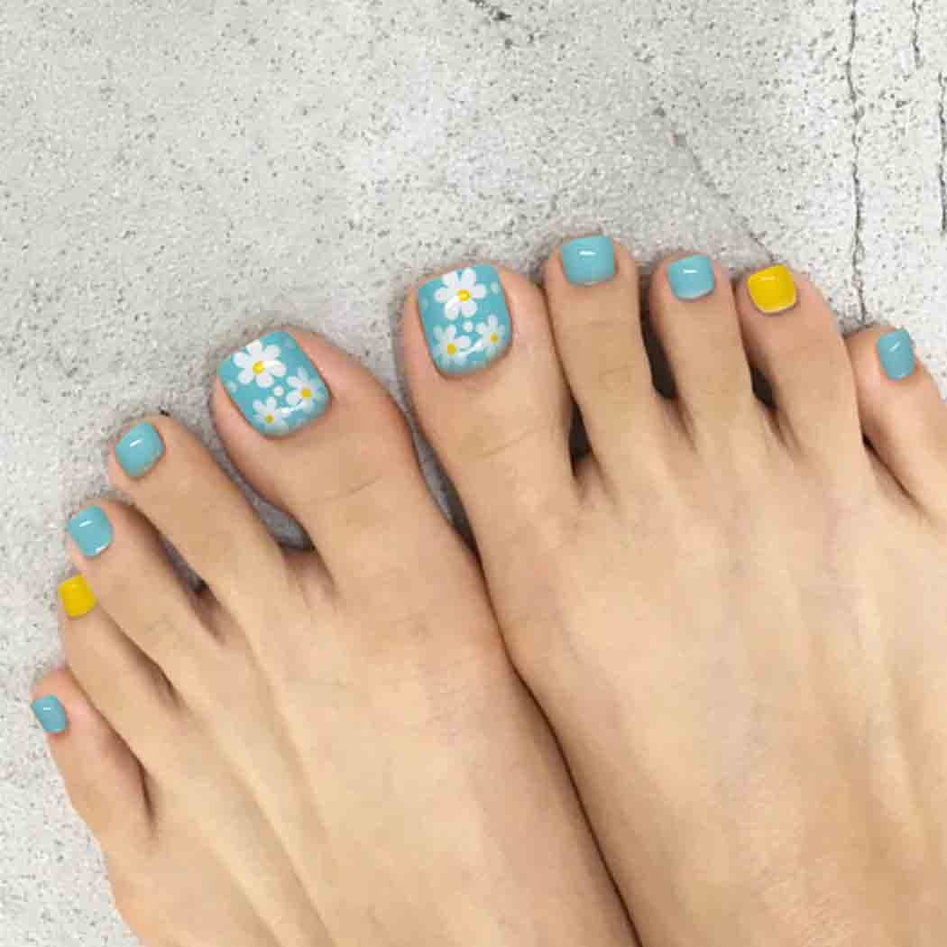 Flower Press on Toenails Short Square Fake Toes Nails Glossy Designer ...
