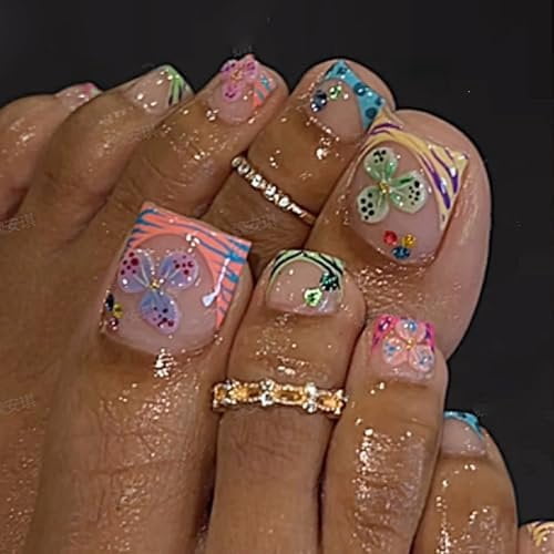 Flower Press Toenails Short Square Nails with Tip | Design Summer ...