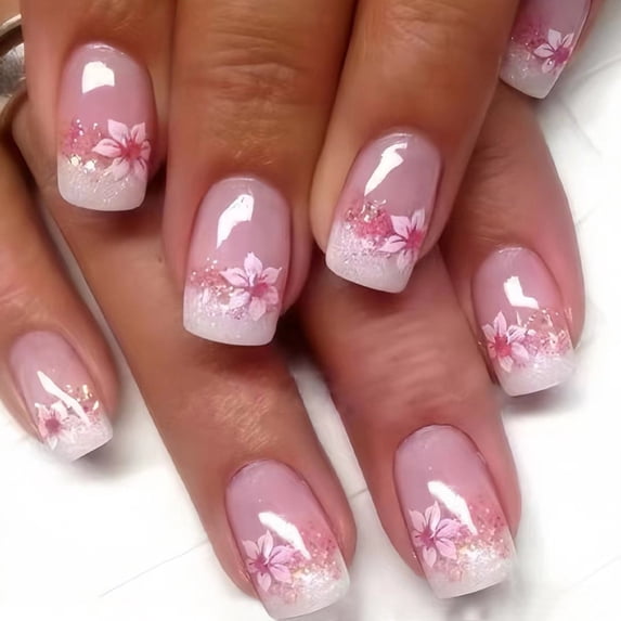 Flower Press on Nails Set 24Pcs Short Glittering False Nails Acrylic ...