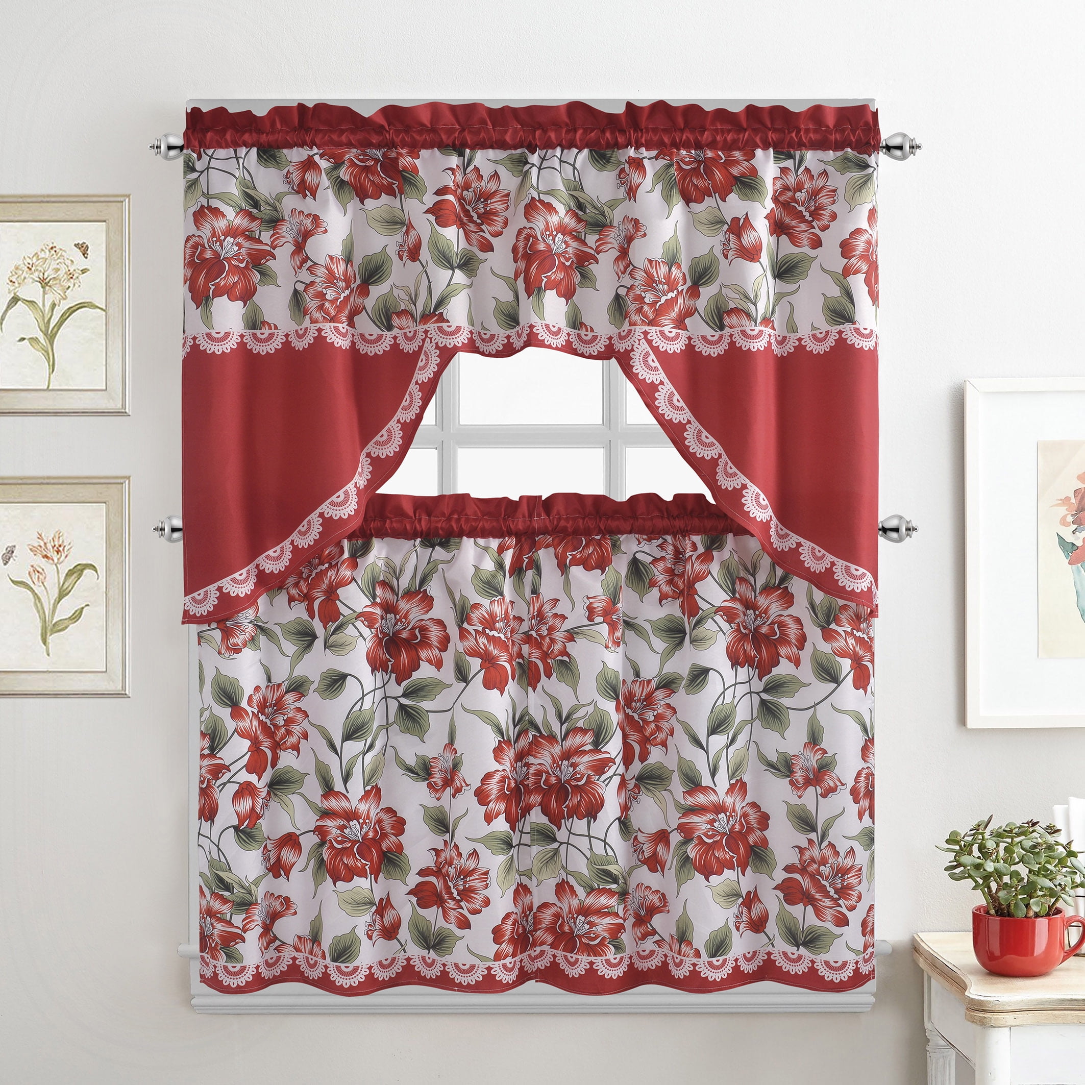 Flower Printed 3-Piece Kitchen Curtain Tiers & Swag Set, Red color ...