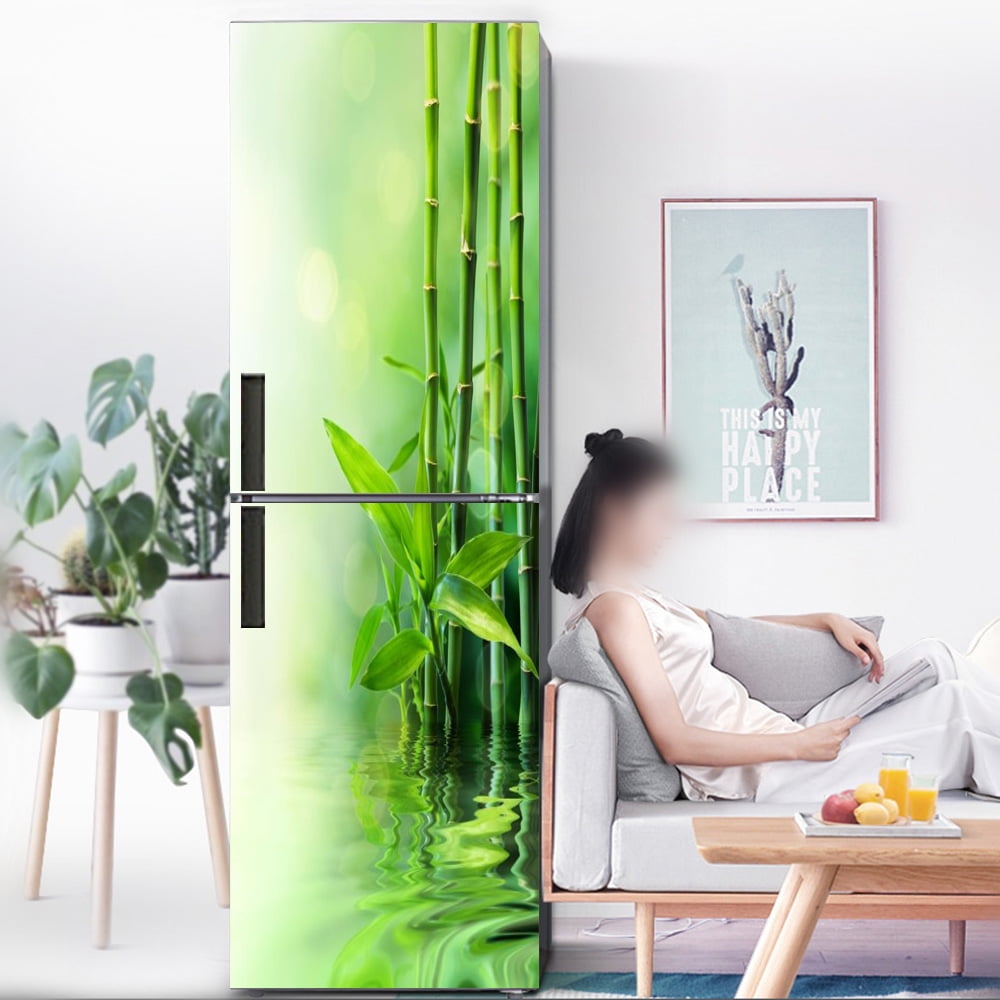 Flower Printed Refrigerator Door Sticker Green Bamboo Natural Scenery ...