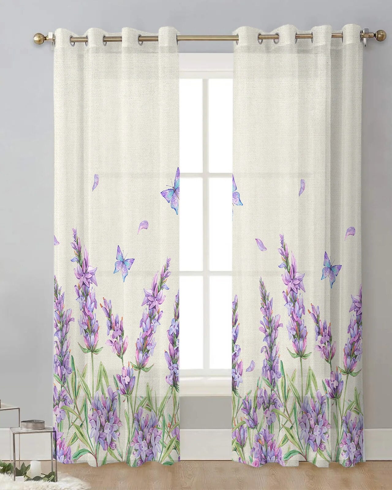Flower Purple Lavender Butterfly Retro Tulle Living Room ration ...